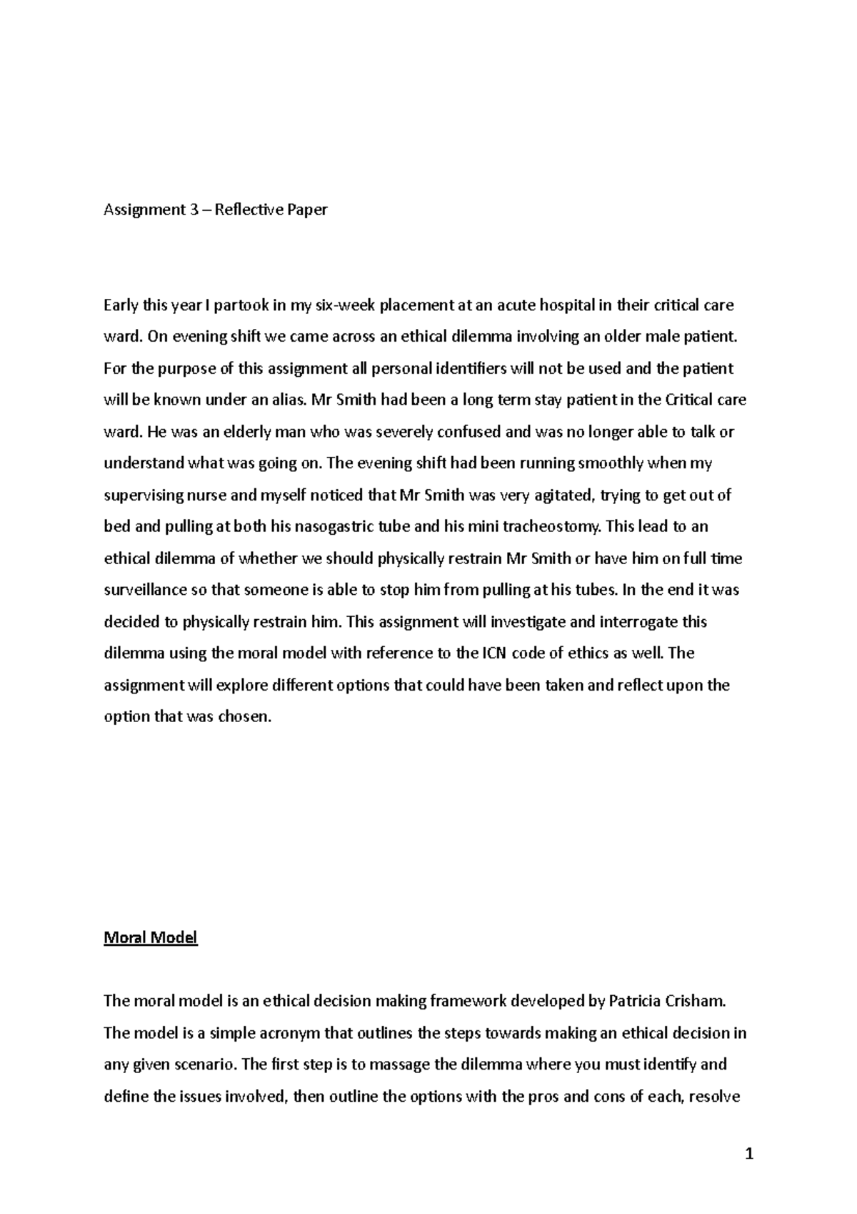NURS3004 assignment 3 - Assignment 3 – Reflective Paper Early this year ...