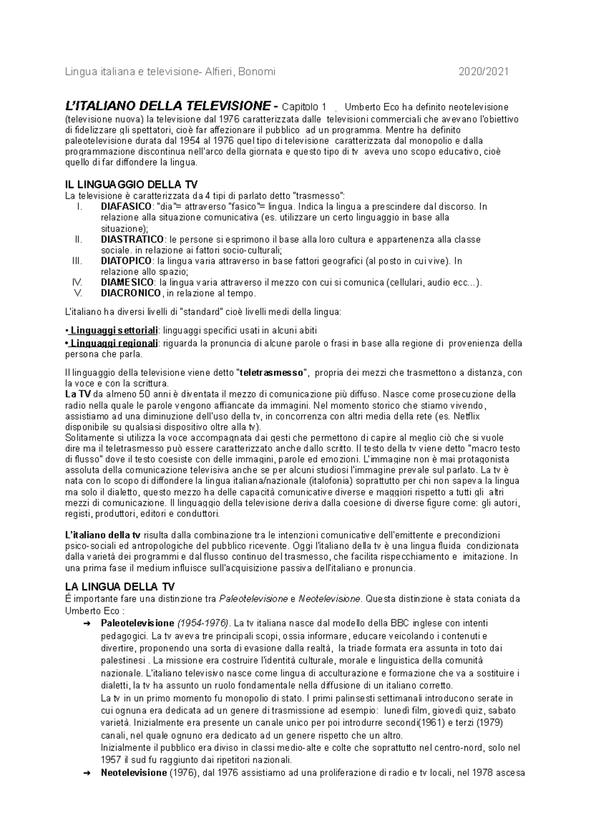 Riassunto- Lingua Italiana E Televisione - Lingua italiana e ...