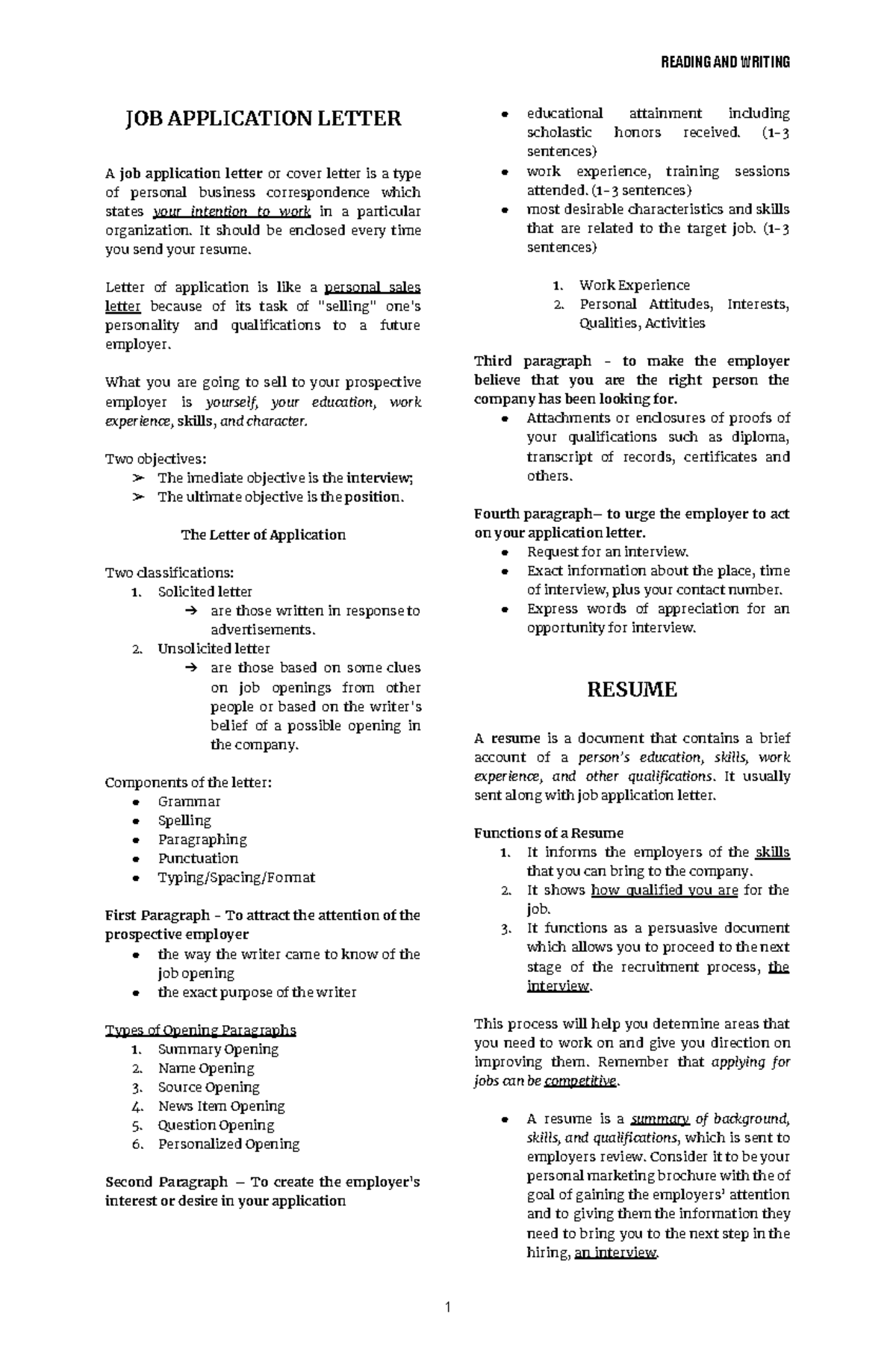 Reading and Writing Reviewer 1 - JOB APPLICATION LETTER A job ...