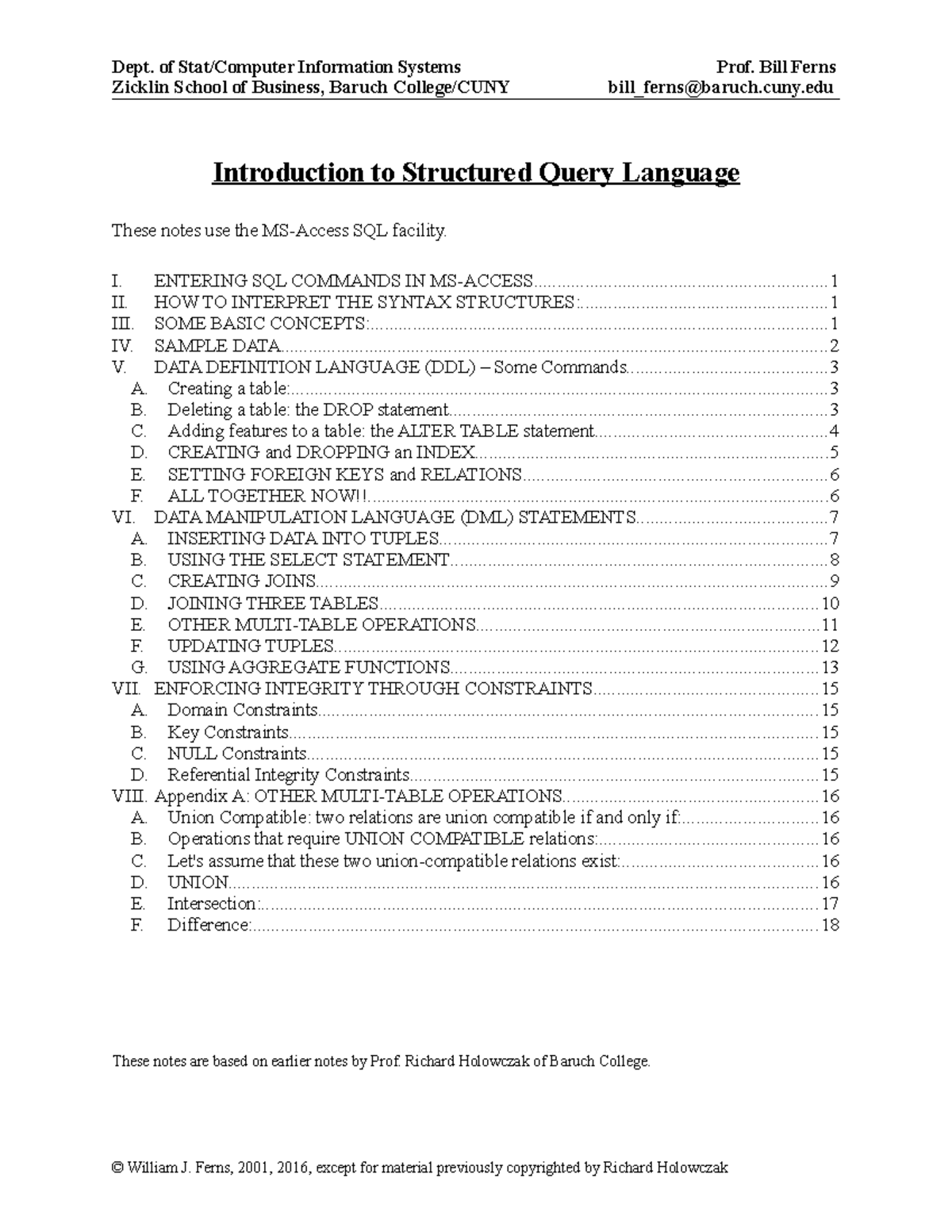 SQL Notes MSAccess v4 - Dept. of Stat/Computer Information Systems Prof ...