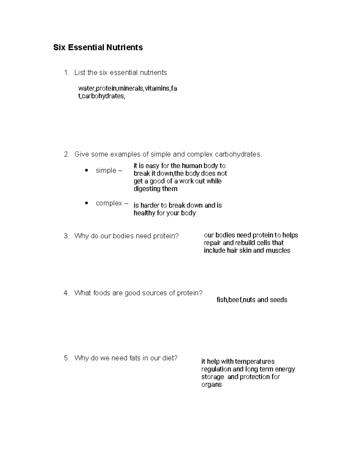 6 Essential Nutrients Worksheet Six Essential Nutrients 1 List The