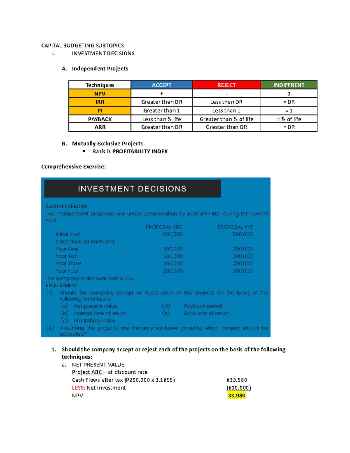 Capital Budgeting Subtopics - CAPITAL BUDGETING SUBTOPICS I. INVESTMENT ...