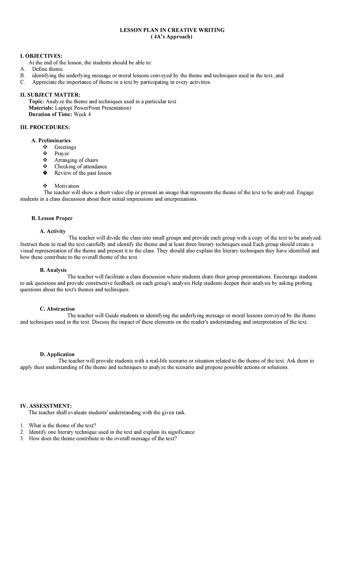 Lesson PLAN IN Creative W1 - LESSON PLAN IN CREATIVE WRITING ( 4A’s ...