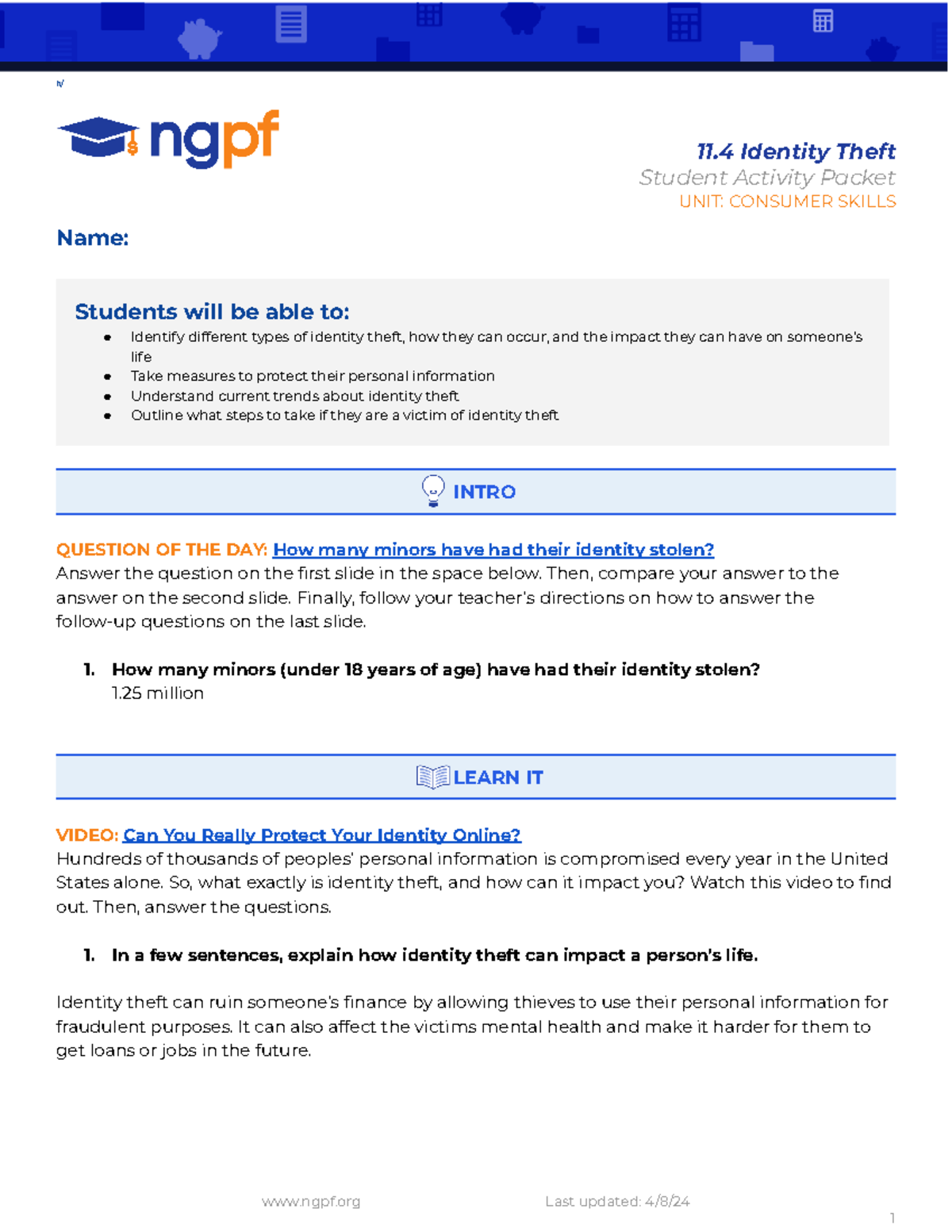 Id%20theft - Trabalho - h/ 11 Identity Theft Student Activity Packet ...