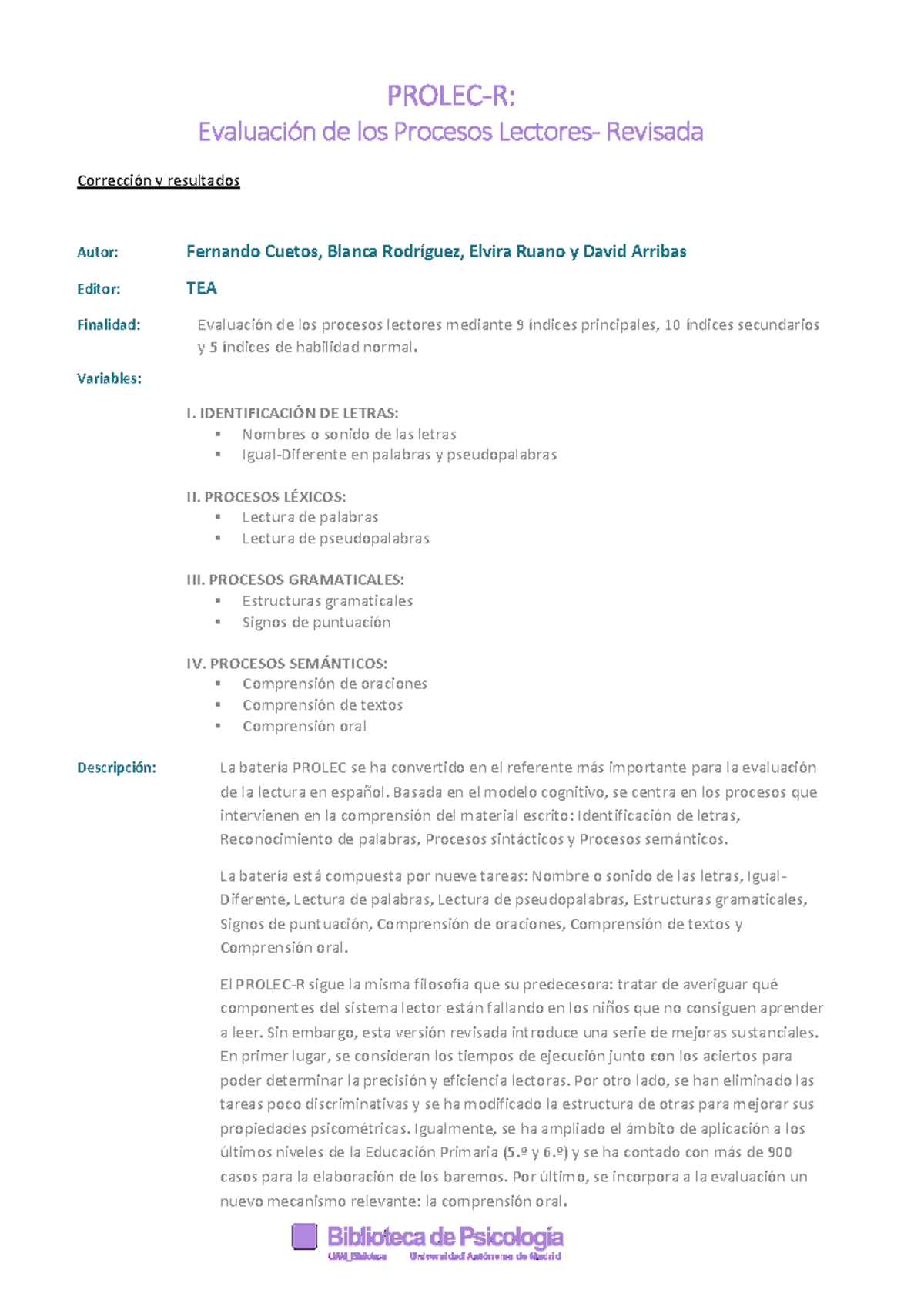 Descripción Prolec-R - PROLEC-R: Evaluación de los Procesos Lectores ...