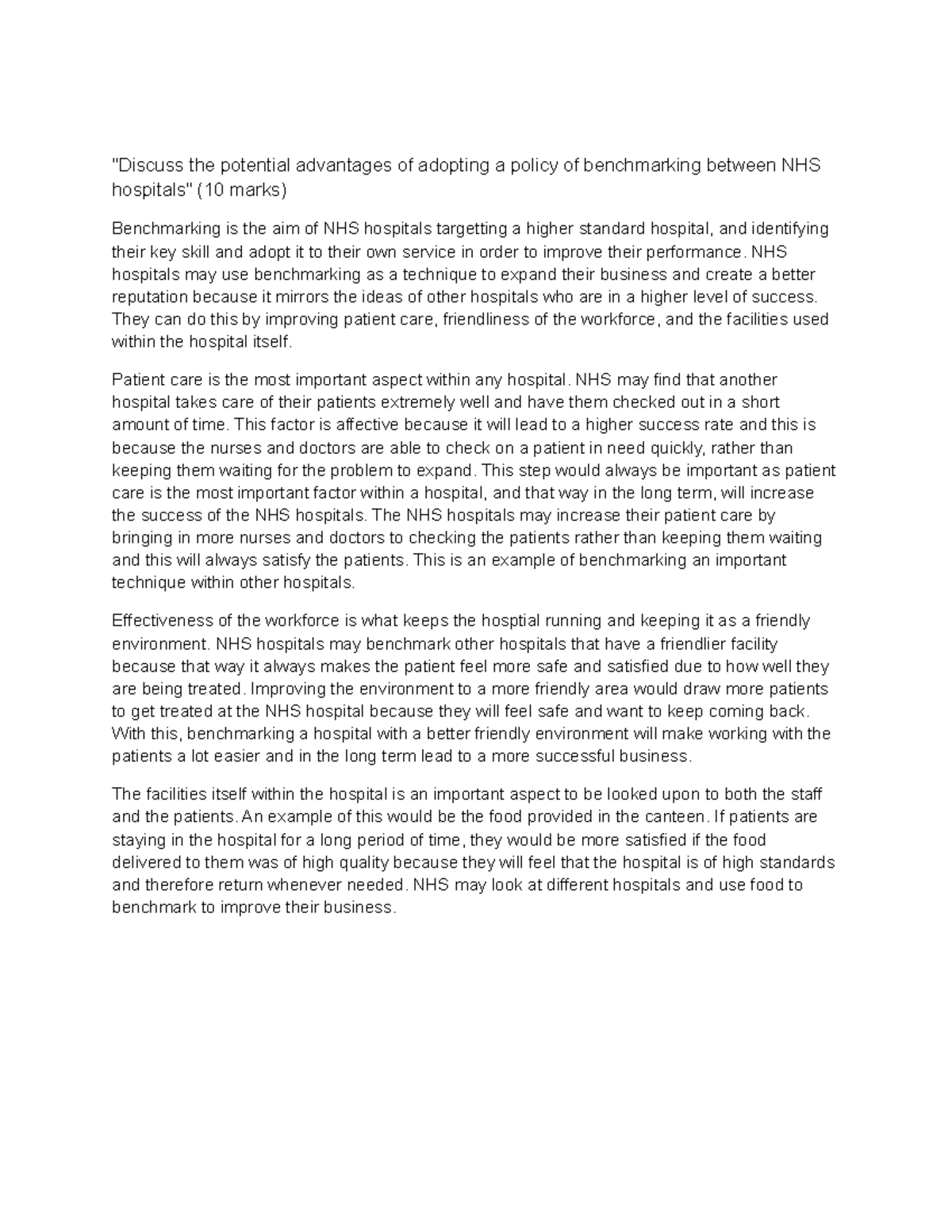 Business - mr b benchmarking NHS hospitals - "Discuss the potential ...