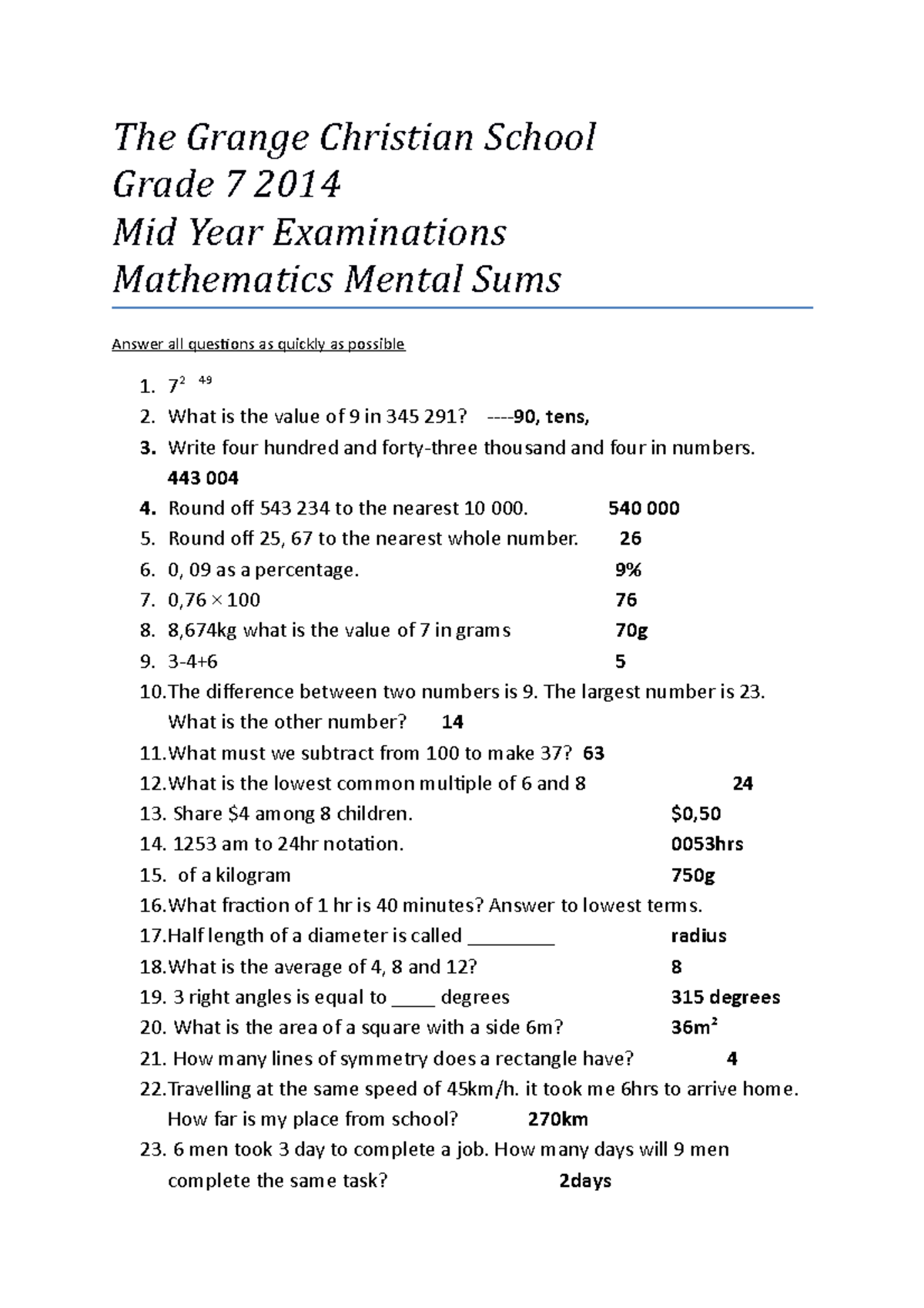 Grade 7 2014 mid yr Maths mental sums answers - The Grange Christian ...
