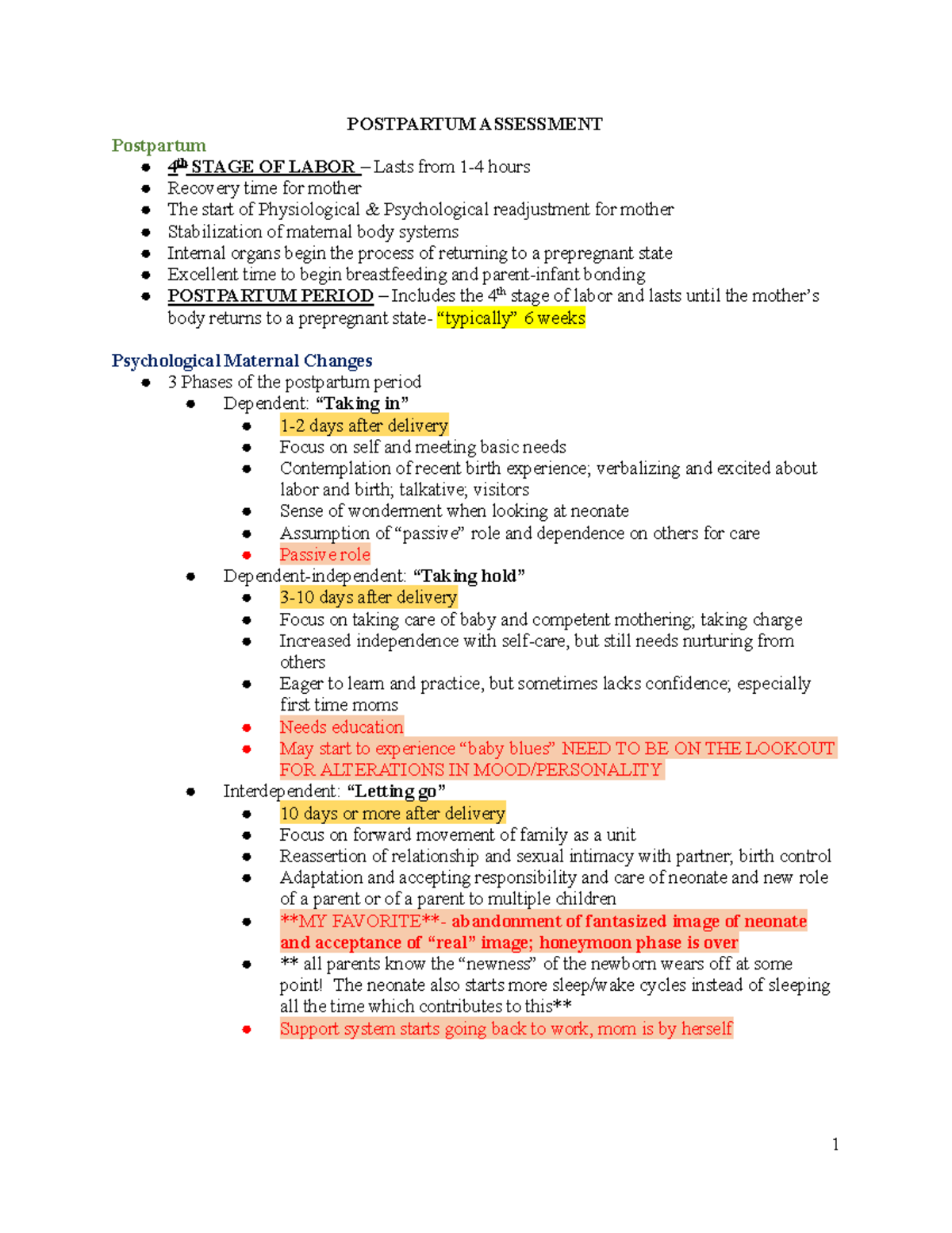 Postpartum Assessment Outline - POSTPARTUM ASSESSMENT Postpartum 4 th ...