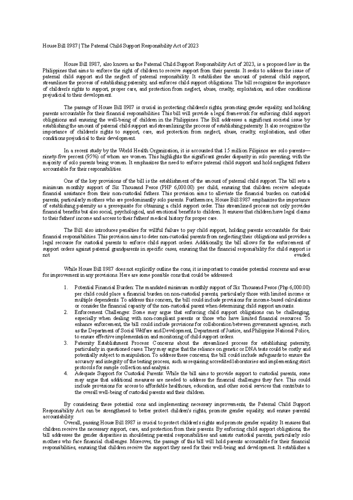 Analytical Essay - HB 8987 - House Bill 8987 | The Paternal Child ...