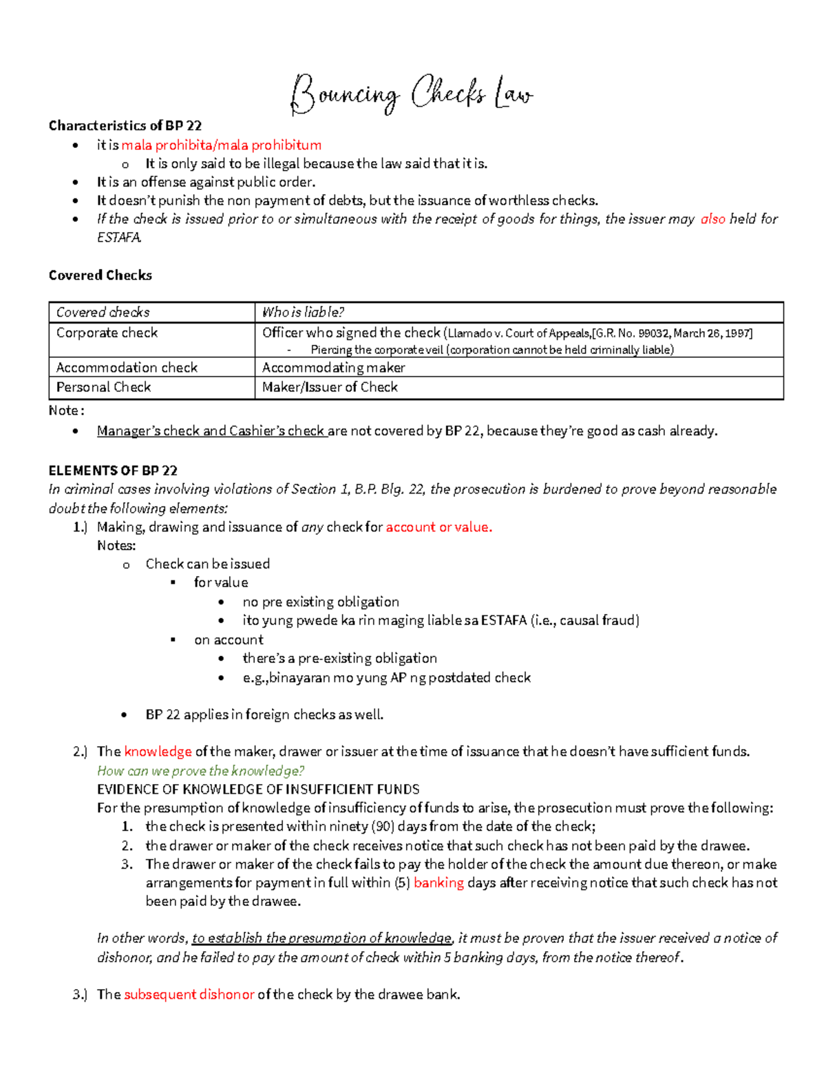 BP 22 Notes - Bouncing Checks Law Characteristics of BP 22 • it is mala ...