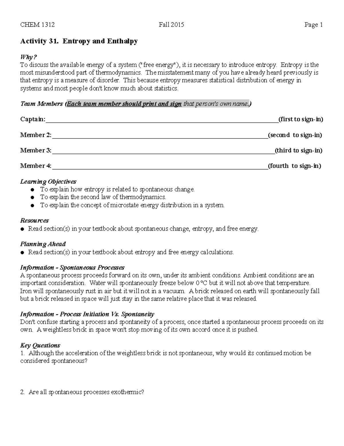 CHEM1312 Entropy and Enthalpy - CHEM 1312 Fall 2015 Page 1 Activity 31 ...