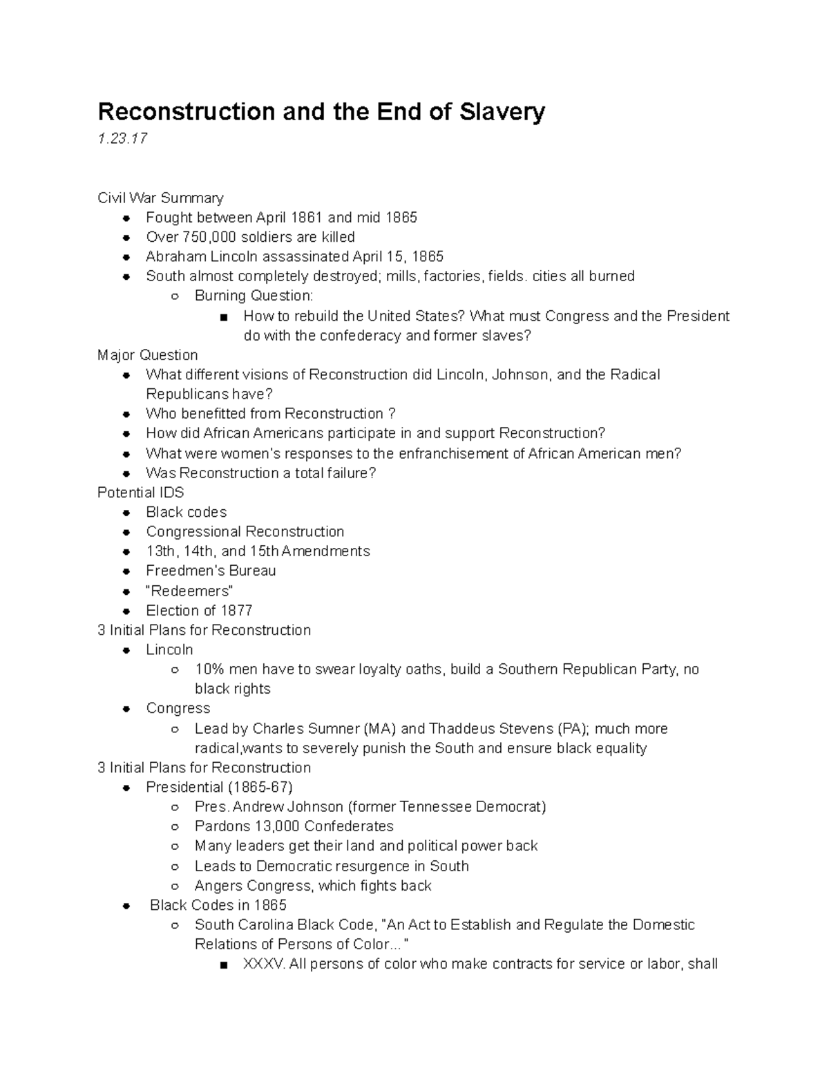 Reconstruction and the End of Slavery - Civil War Summary Fought ...