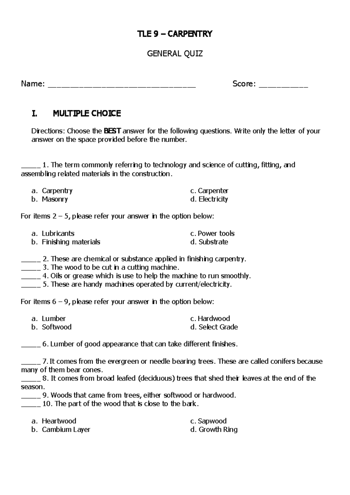 QUIZ - TLE 9 - General Quiz in Carpentry - TLE 9 – CARPENTRY GENERAL ...