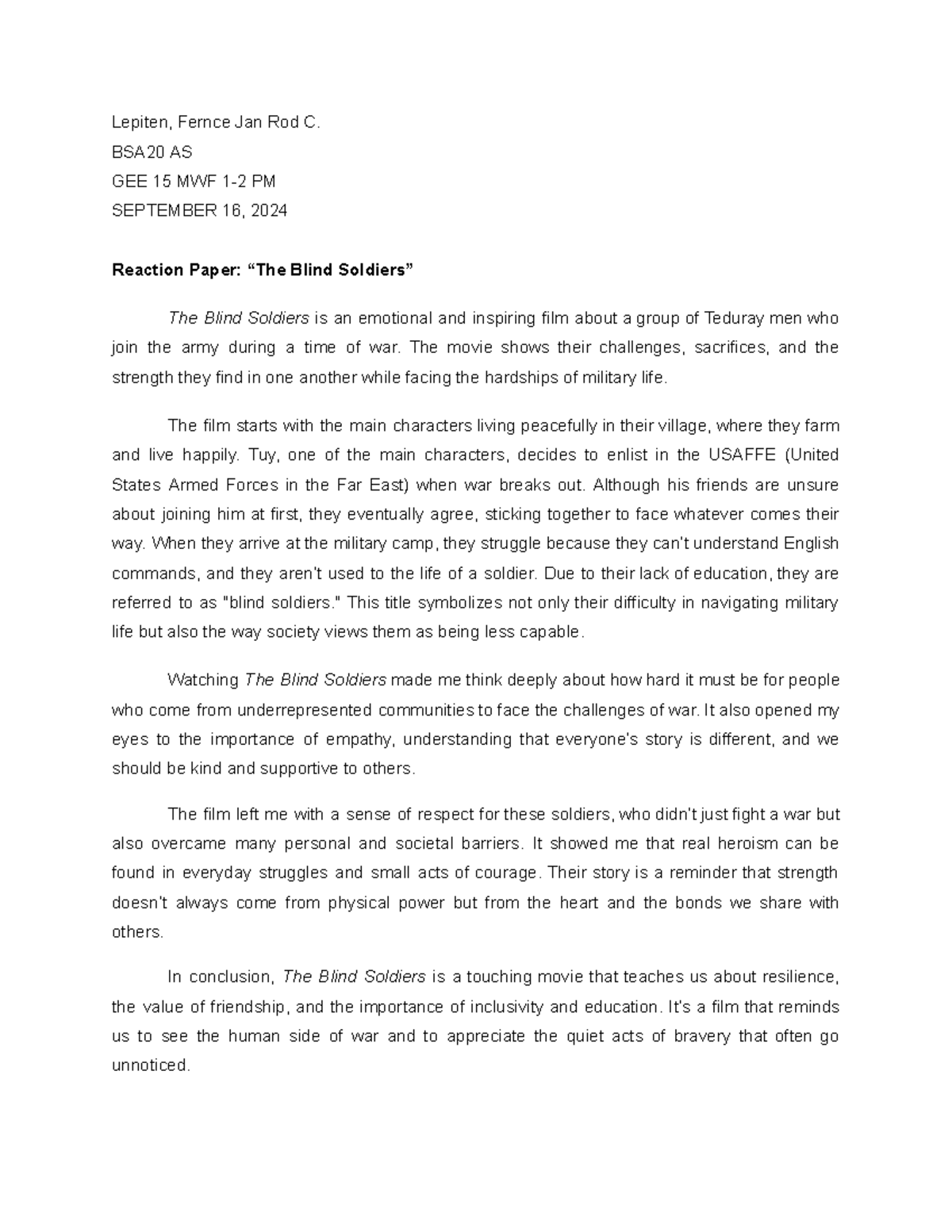 Reaction Paper: "The Blind Soldier" - Lepiten, Fernce Jan Rod C. BSA20 ...