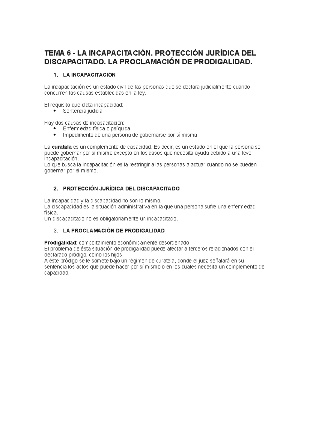 Tema 6 - La incapcitación. Protección jurídica del discapacitado. La ...