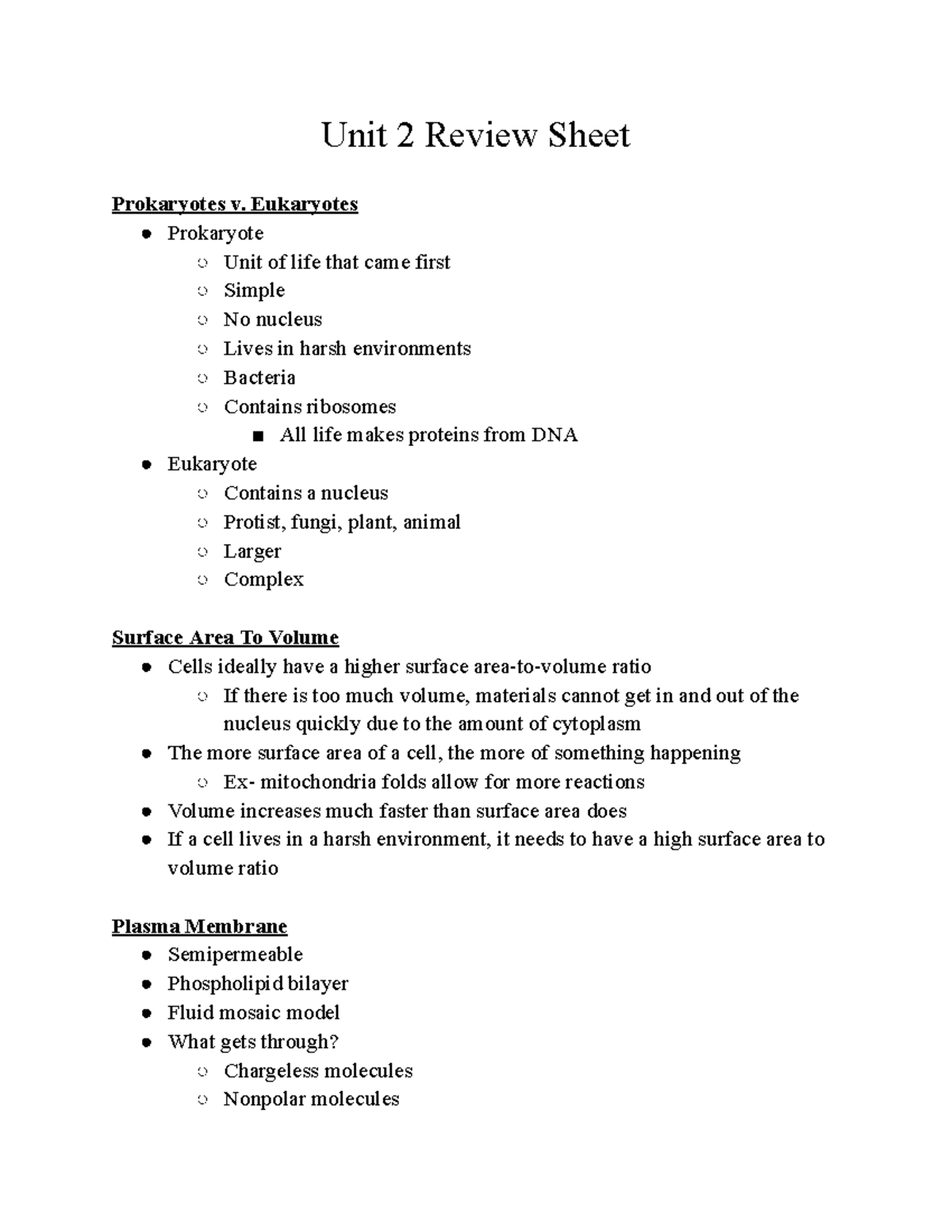 Cell Structure and Function - Unit 2 Review Sheet Prokaryotes v ...