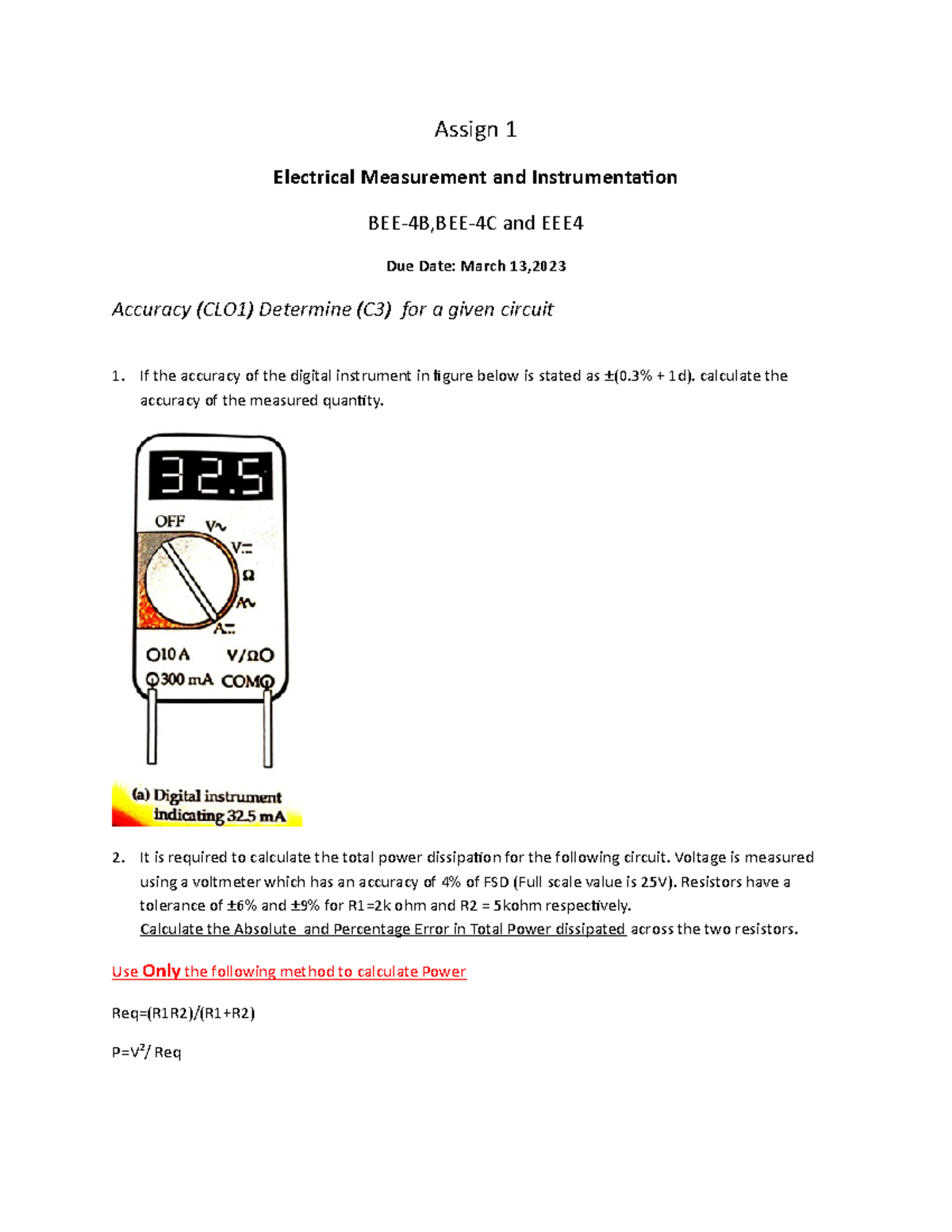 Assign 1 SP23 Solution - Assign 1 Electrical Measurement and Instrumentation BEE-4B,BEE-4C and ...