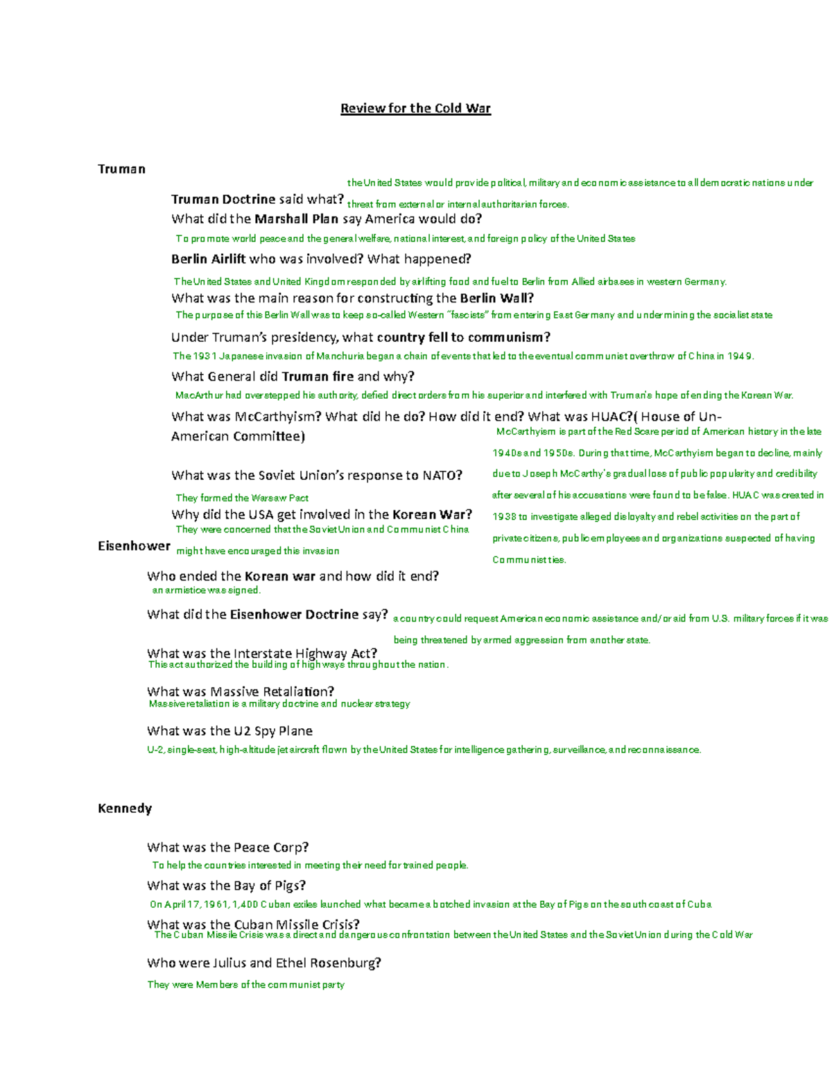 Review for the Cold War - Review for the Cold War Truman Truman ...