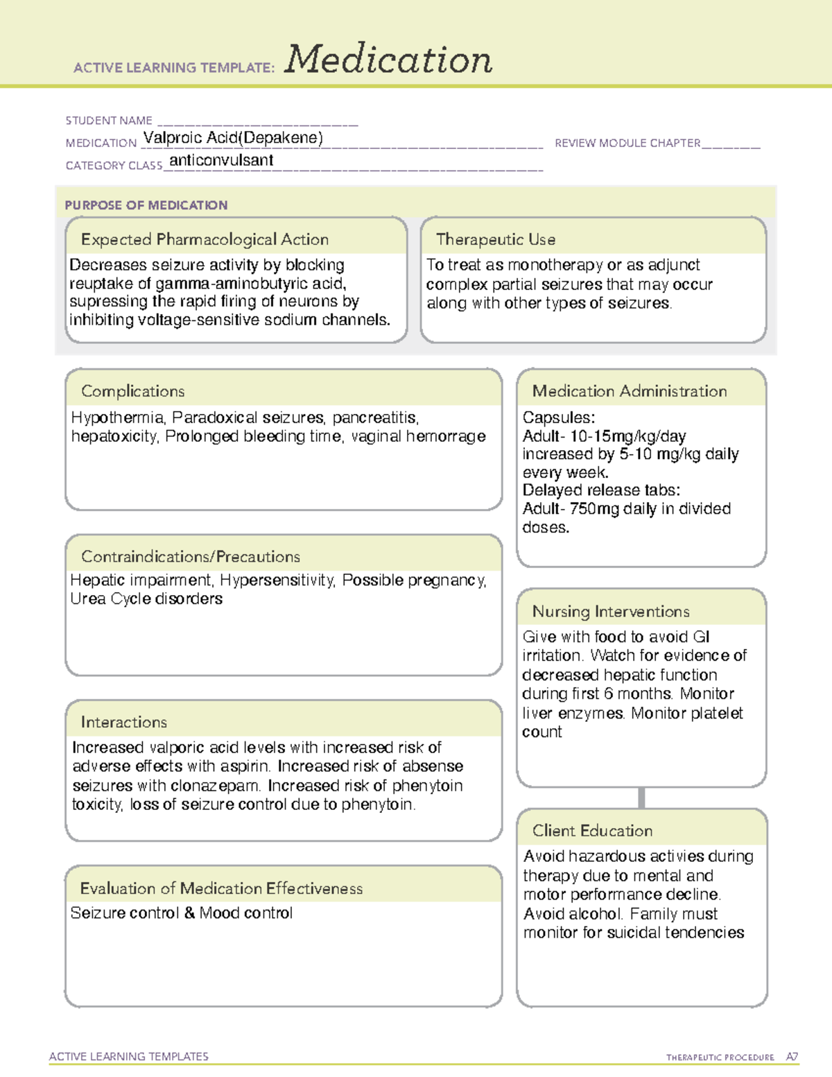 Valproic Acid - Review notes and answers for quiz 1 NURS 306. Notes for ...