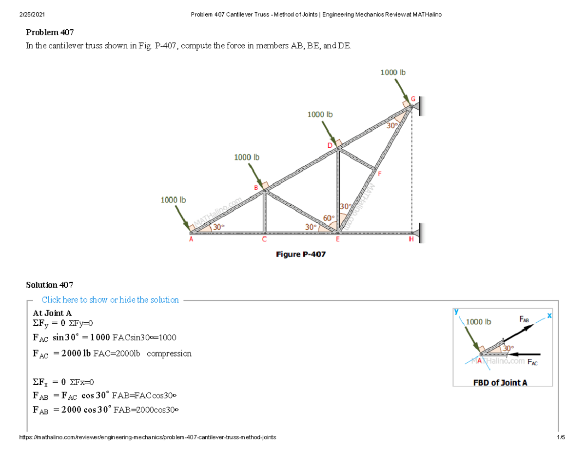 Problem 407 Cantilever Truss - Method of Joints Engineering Mechanics ...