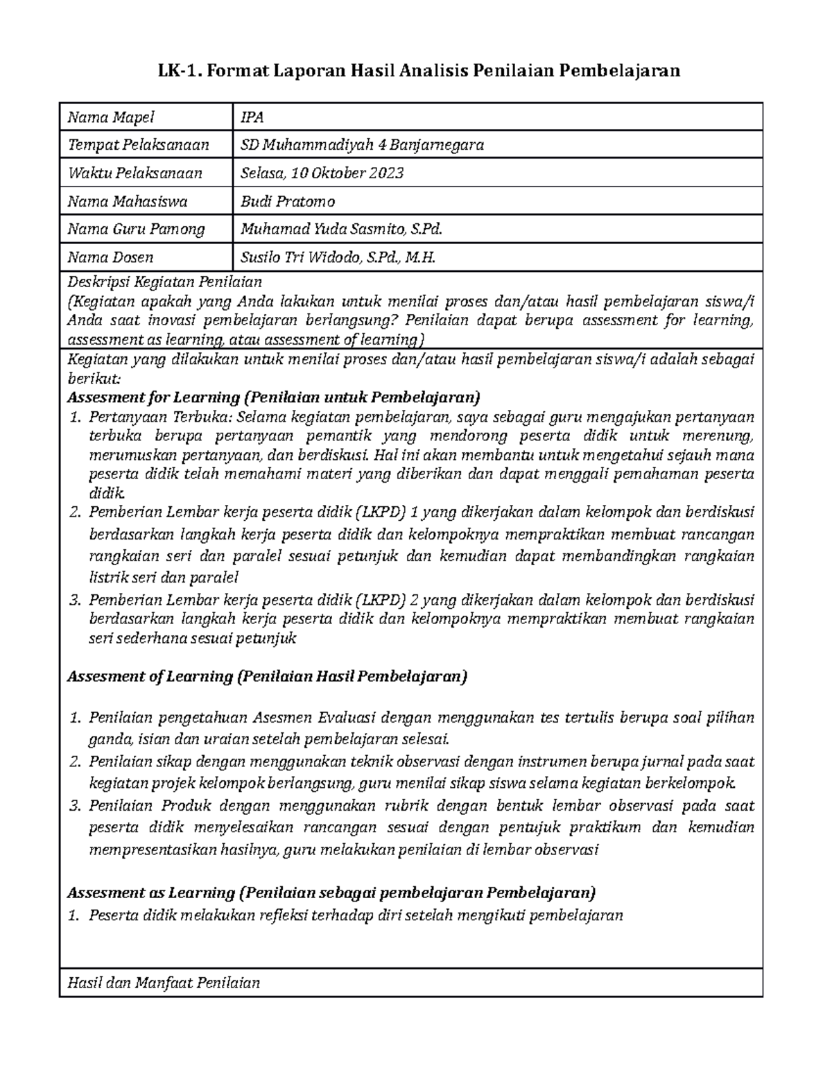 LK 1. Format Laporan Hasil Analisis Penilaian Pembelajaran - LK-1. Format Laporan Hasil Analisis ...