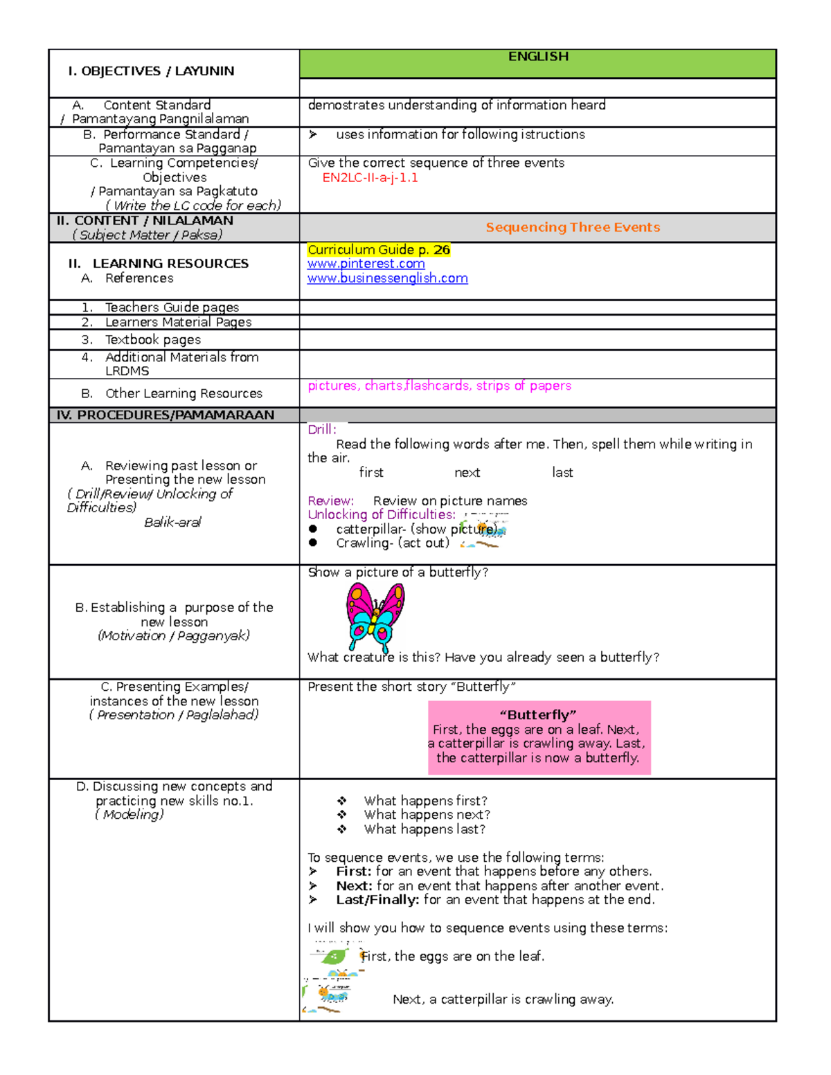 ENG 8-31-2017 (sequencing 3 events.) 2 - I. OBJECTIVES / LAYUNIN ...