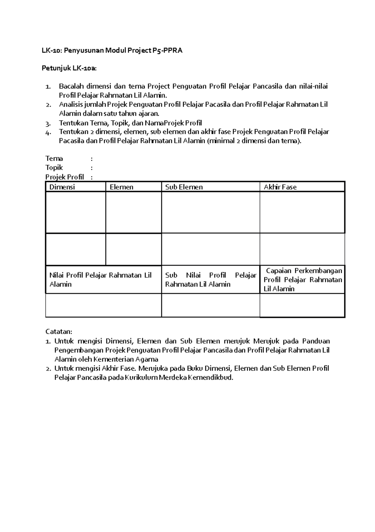 Ppra - jjk - LK-10: Penyusunan Modul Project P5-PPRA Petunjuk LK-10a: 1. Bacalah dimensi dan ...