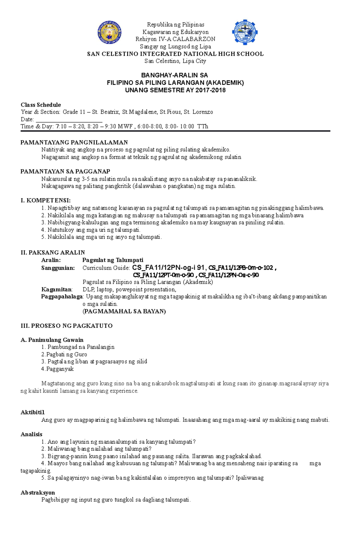 LP Talumpati 2new - LESSON PLAN - Republika ng Pilipinas Kagawaran ng ...