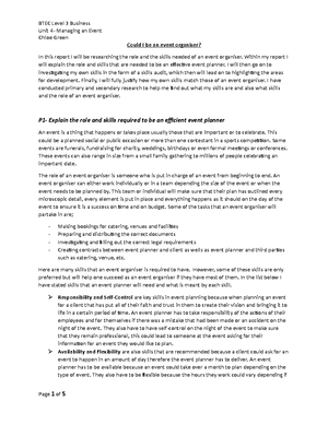 Level 3 business Unit 4 Assignment 3 - Unit 4: Managing an Event. Assignment Title: Staging an ...