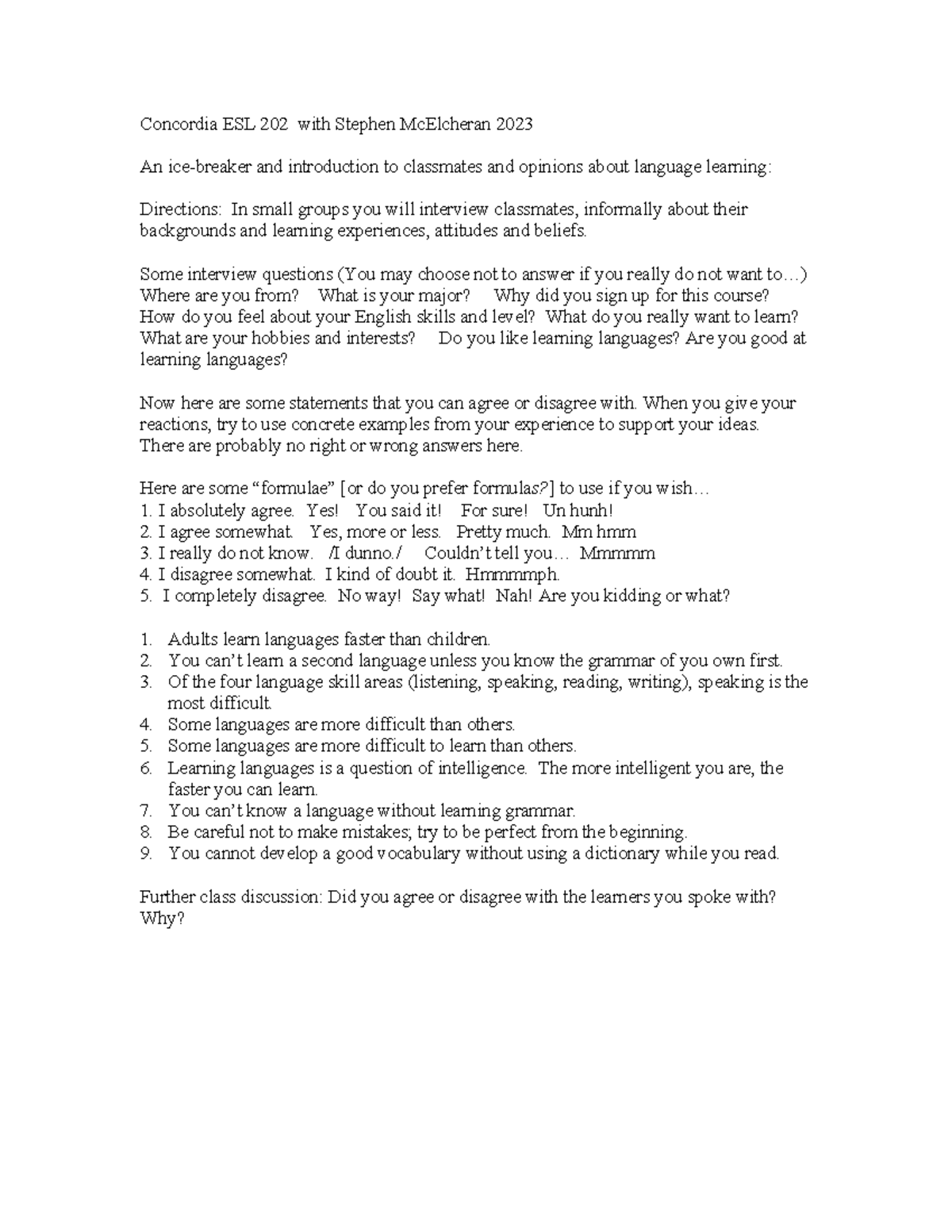 Cuesl 202Icebreaker 1stclass Lang Learn - Concordia ESL 202 with ...