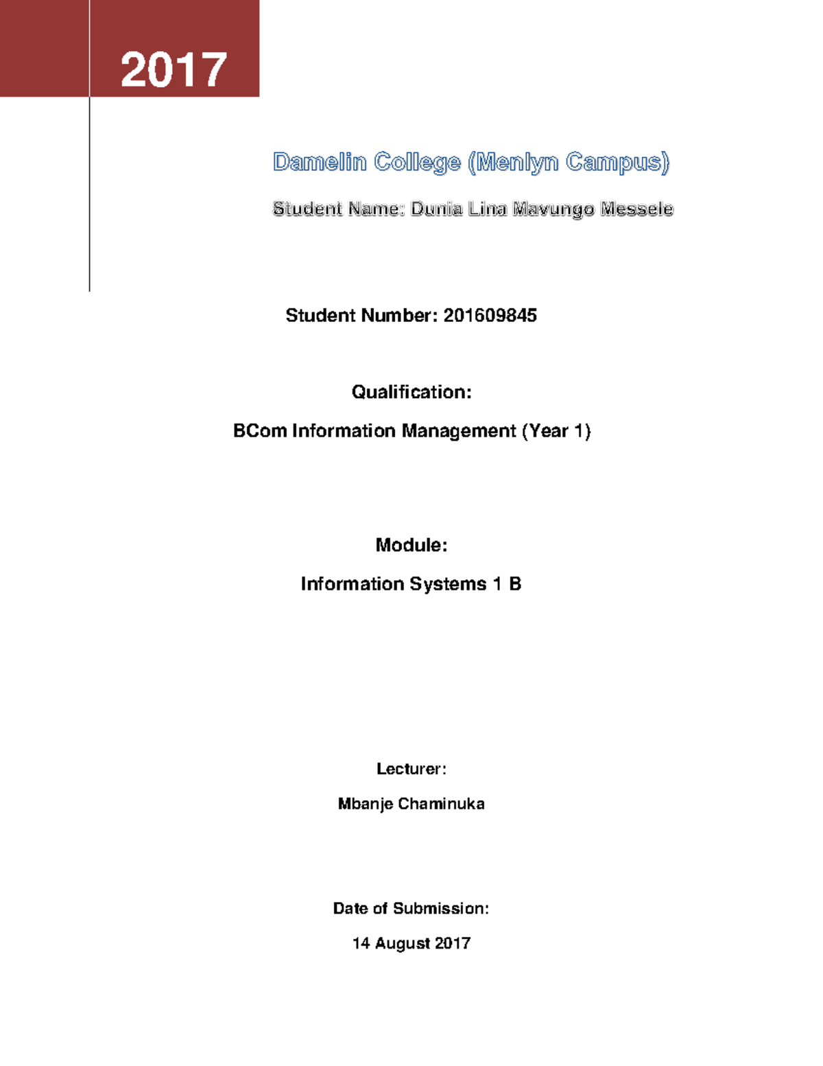 Information Systems 1B Individual Assignments - Student Number ...
