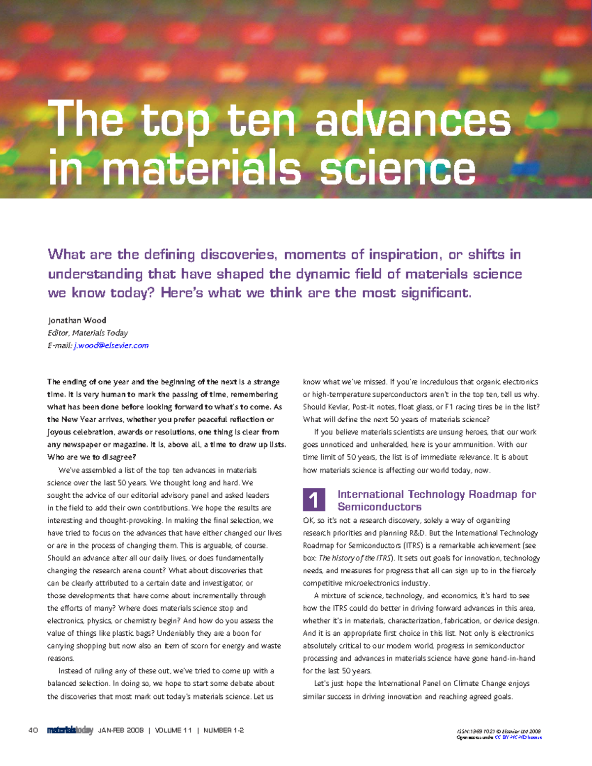Toptenadvancesinmaterialsscience - 40 JAN-FEB 2008 | VOLUME 11 | NUMBER 1-2 ISSN:1369 7021 ...