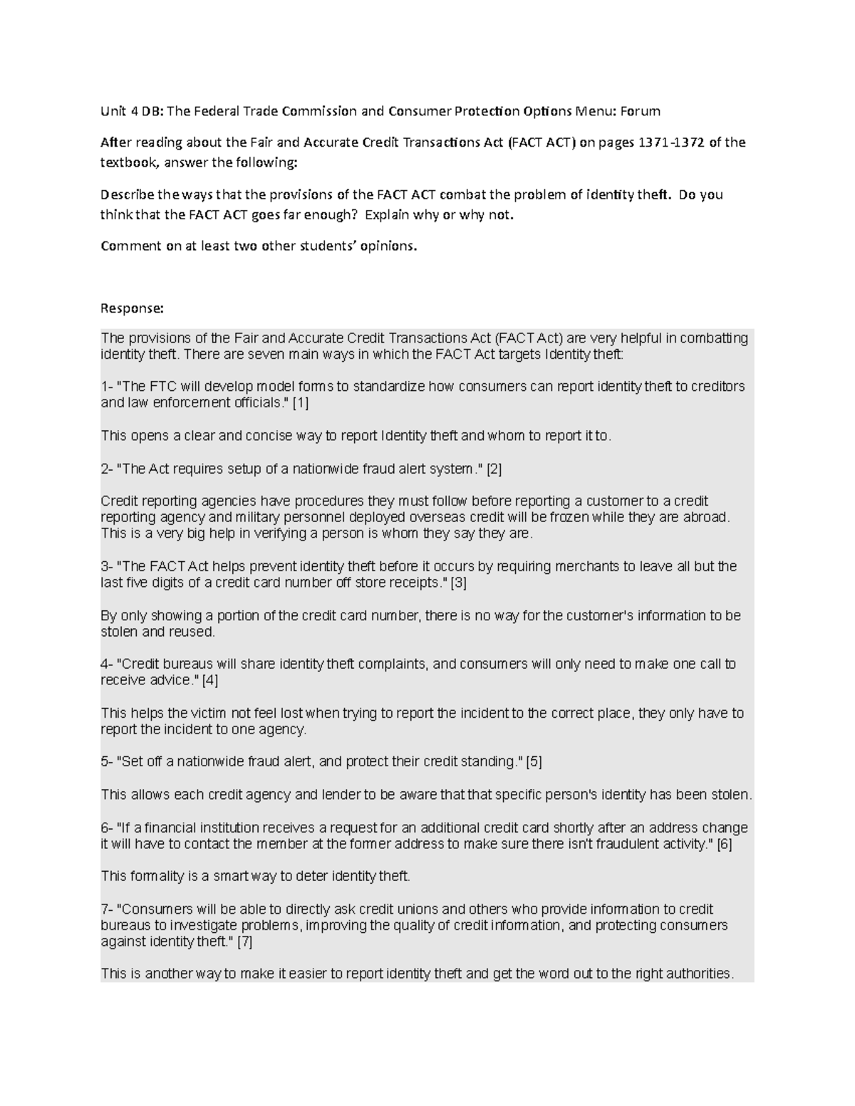 LAW206 Unit 4 Discussion Board - Unit 4 DB: The Federal Trade Commission and Consumer Protection ...