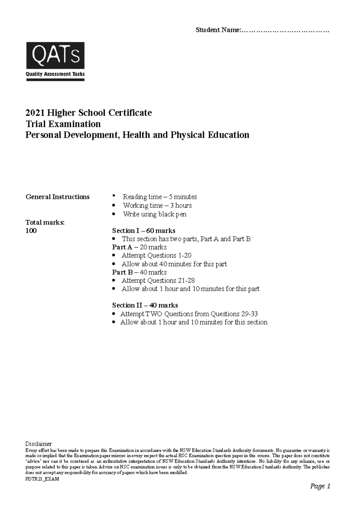 Pdhpe Trial Paper - Student Name ...