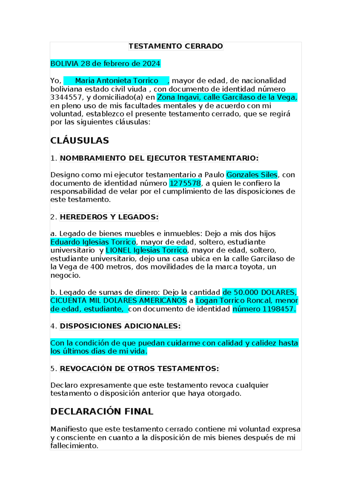 Modelo DE Testamento Cerrado - TESTAMENTO CERRADO BOLIVIA 28 de febrero ...