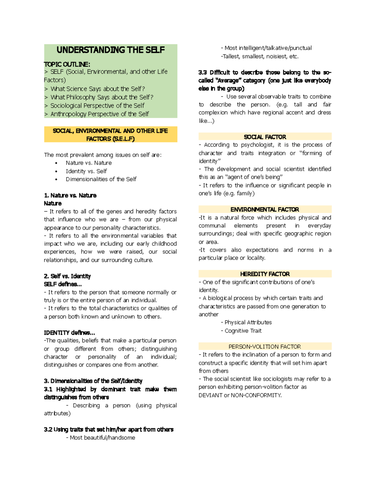 Understanding the Self - UNDERSTANDING THE SELF TOPIC OUTLINE: SELF ...