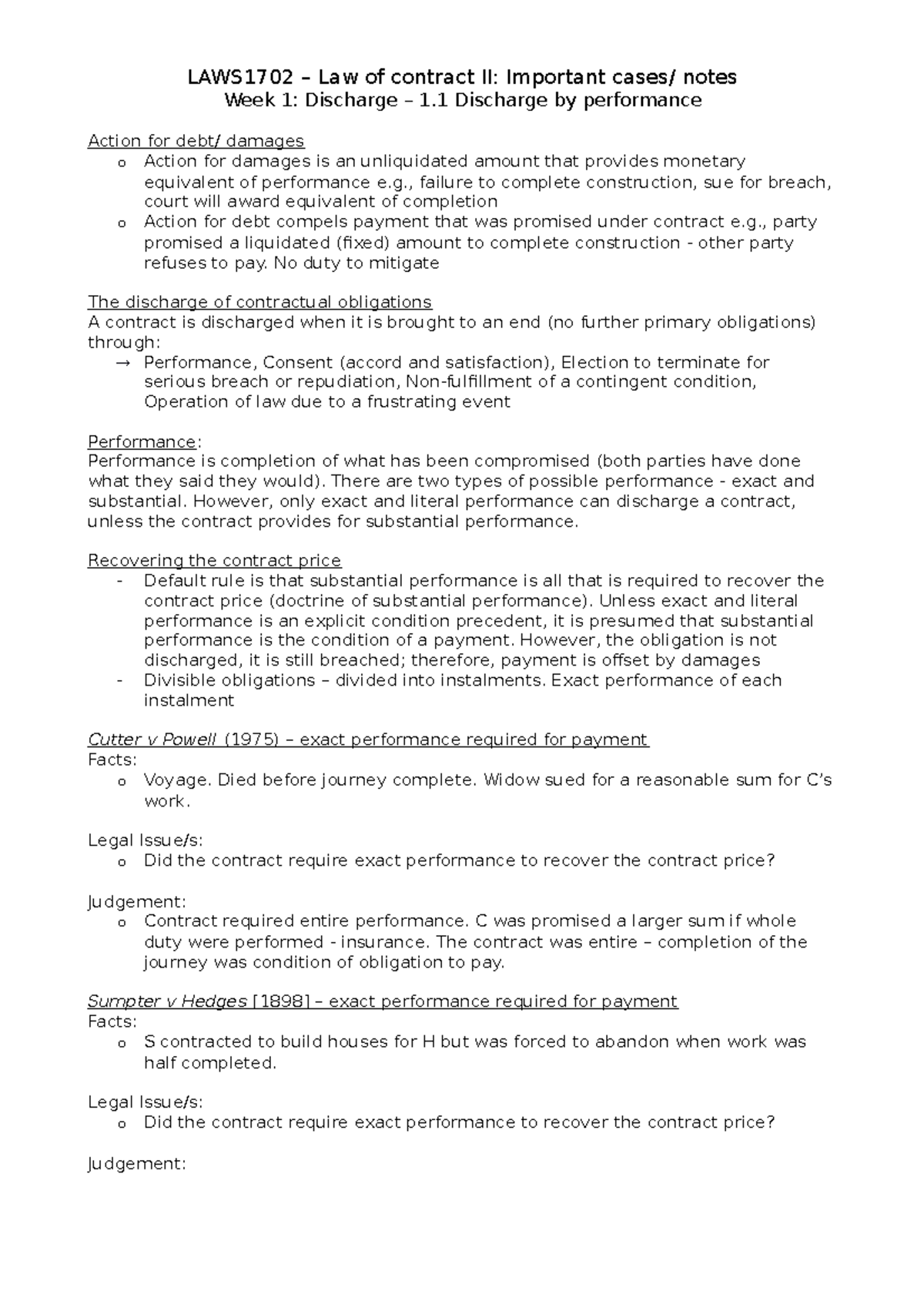 Contracts II important cases - W1 - LAWS1702 – Law of contract II ...