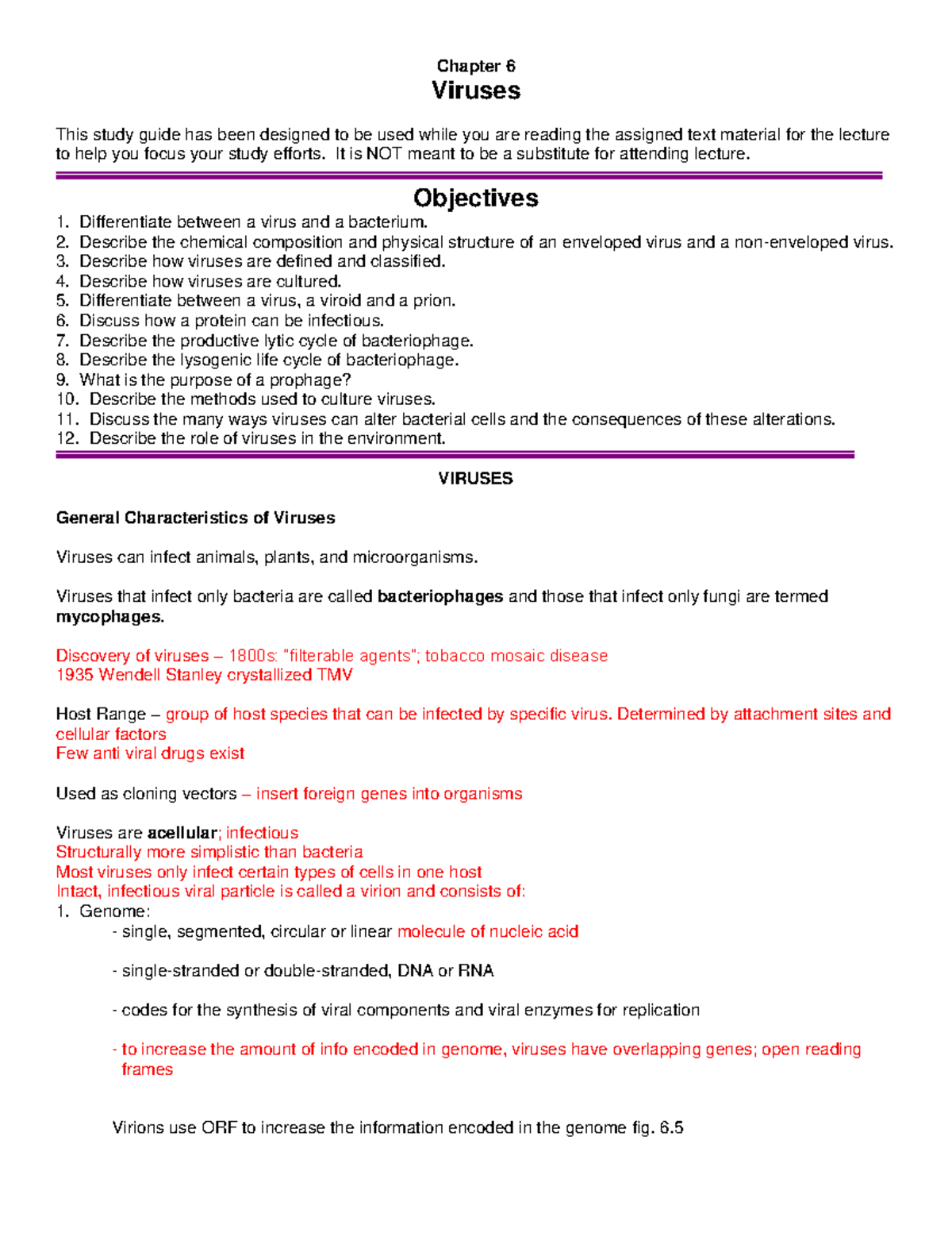 Chapter 8 Viruses - Chapter 6 Viruses This study guide has been ...