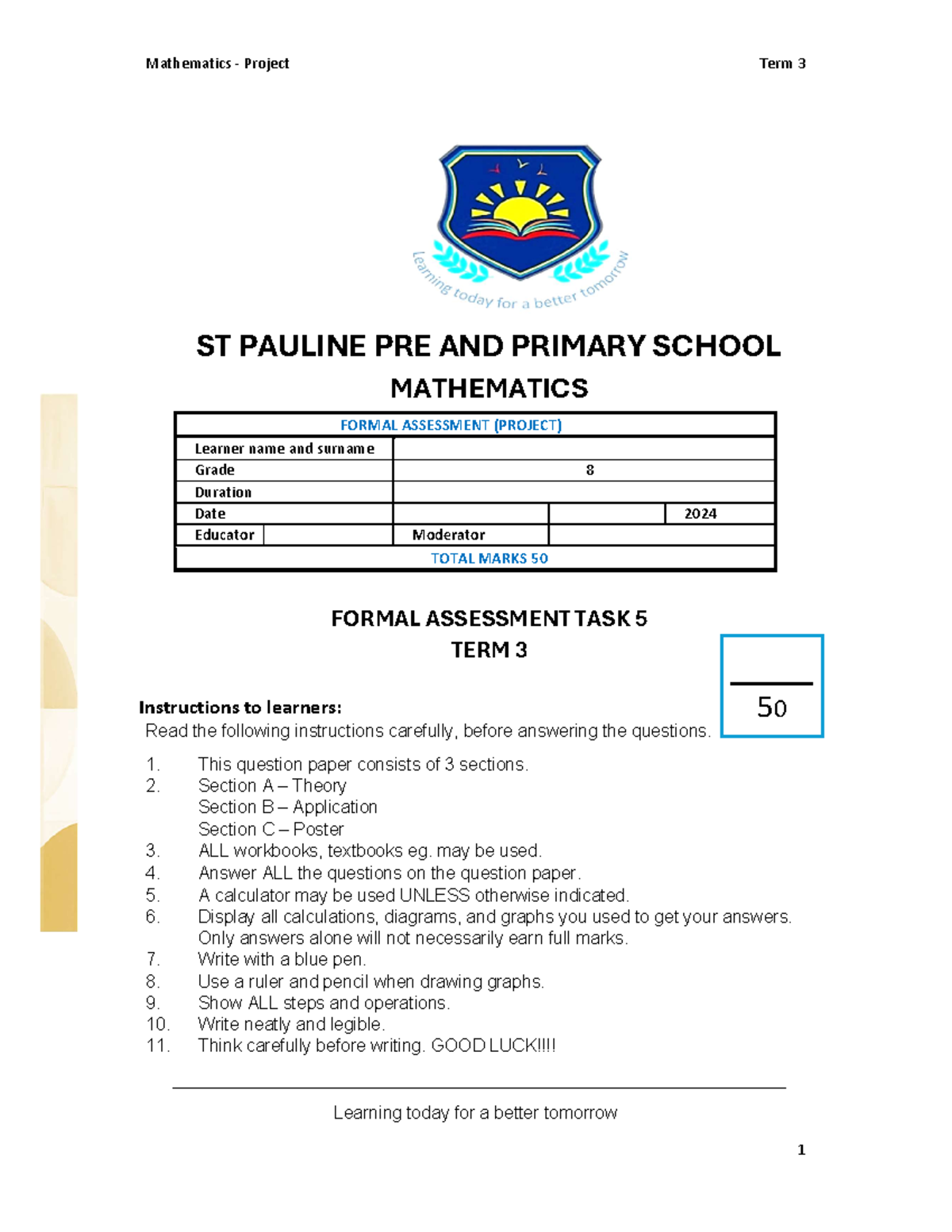 Grade 8 Maths Project - Term 3 - ST PAULINE PRE AND PRIMARY SCHOOL ...