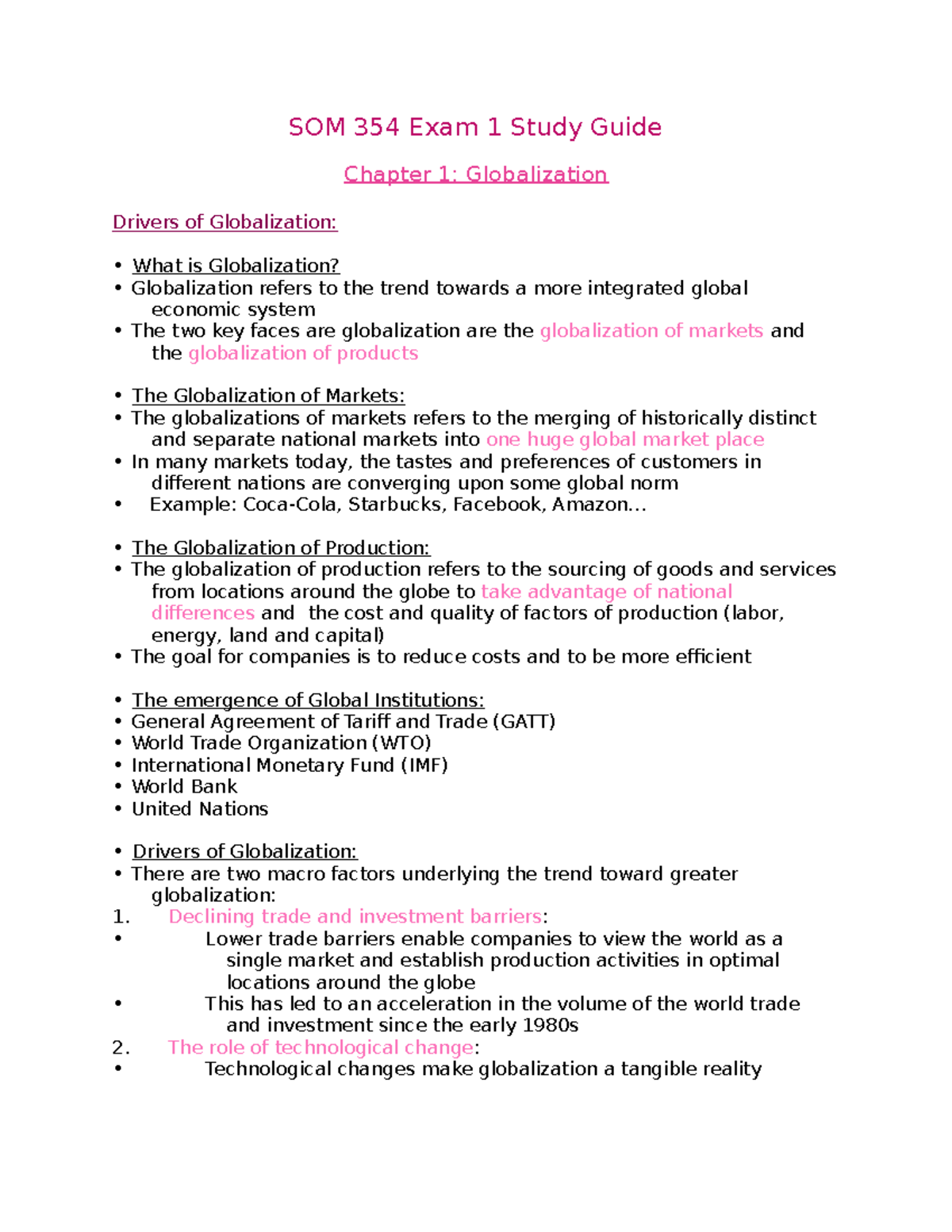 SOM Exam 1 SG - Lecture notes beginning - midterm - SOM 354 Exam 1 ...