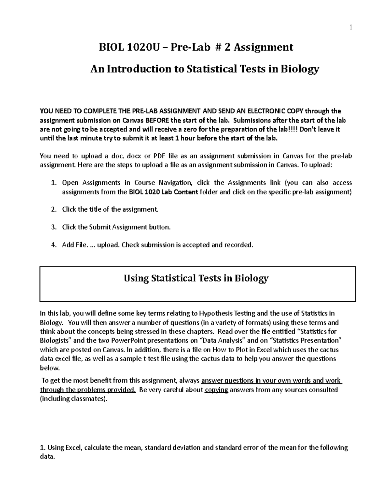 Prelab 2 - Scientific Method - BIOL 1020U – Pre-Lab # 2 Assignment An ...