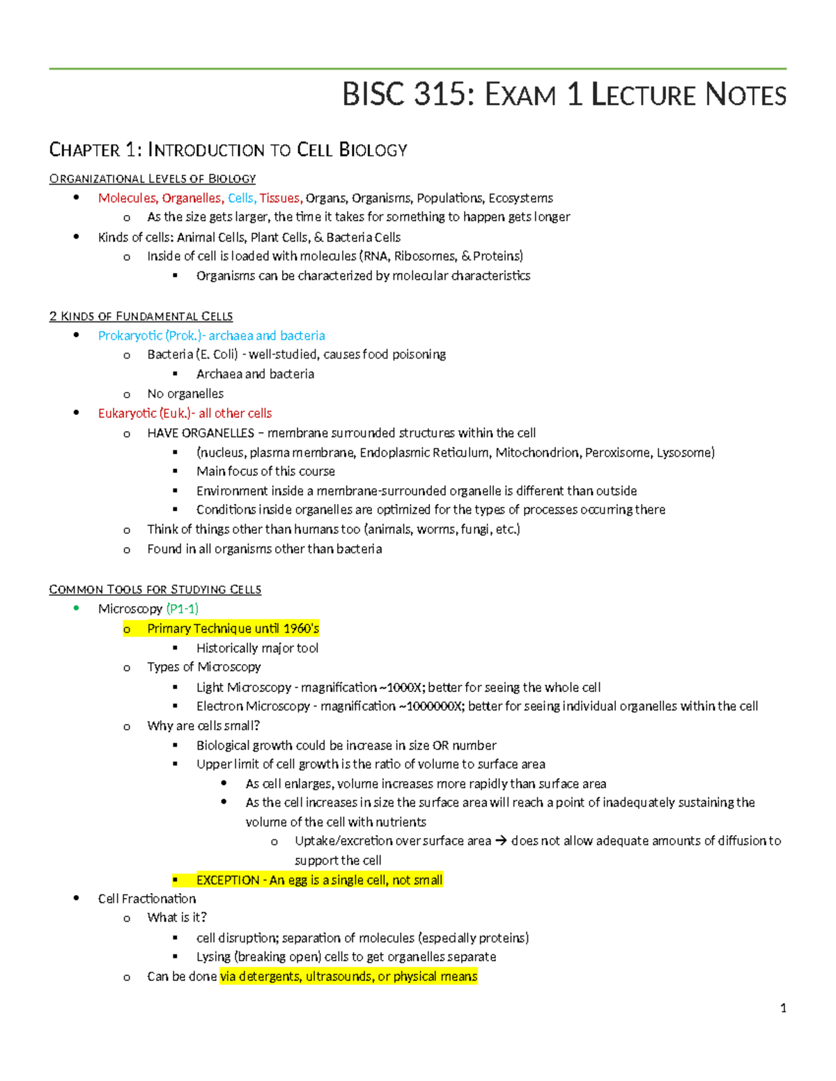 Exam 1 Notes - BISC 315: EXAM 1 LECTURE NOTES CHAPTER 1: INTRODUCTION ...