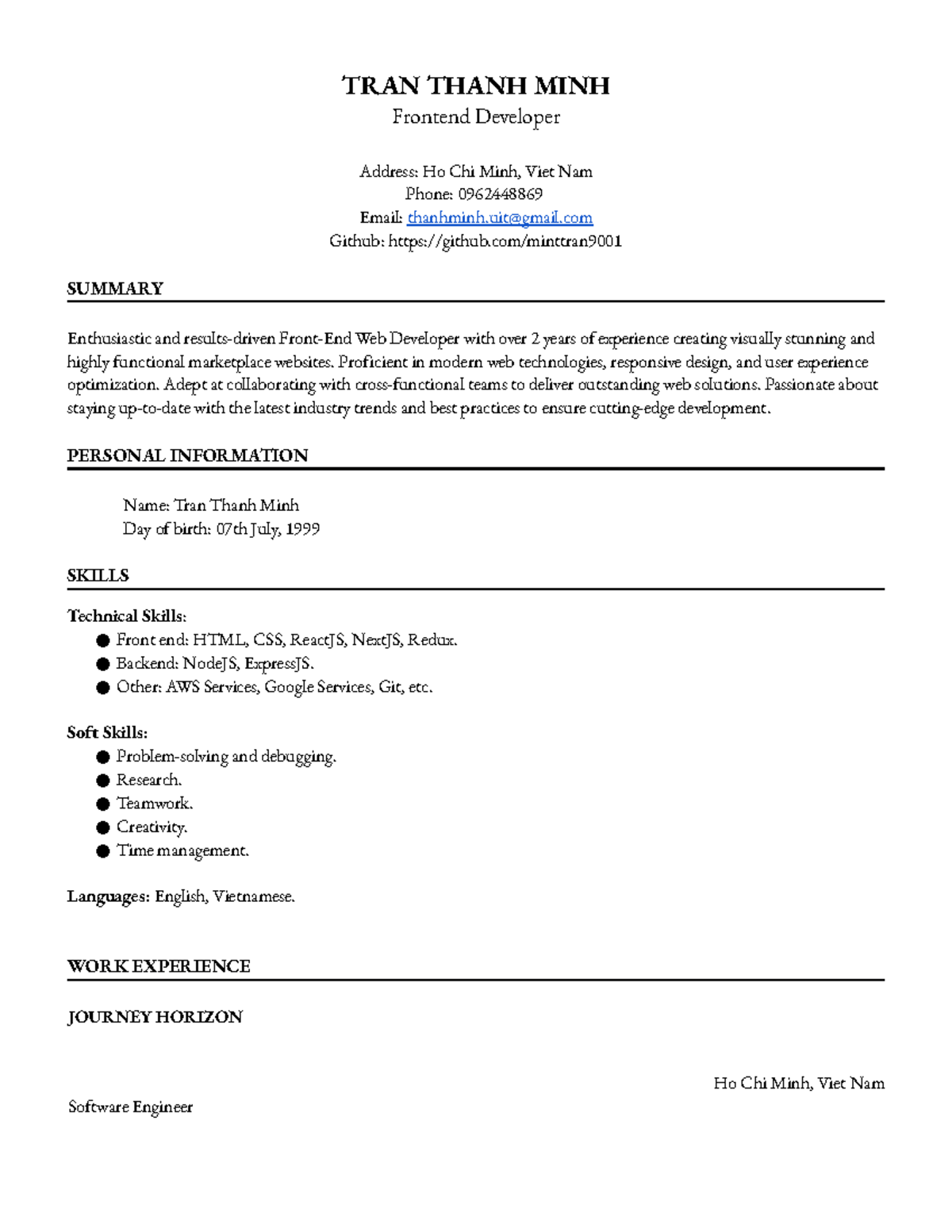 Frontend Developer Tran Thanh Minh Tran Thanh Minh Frontend Developer Address Ho Chi Minh