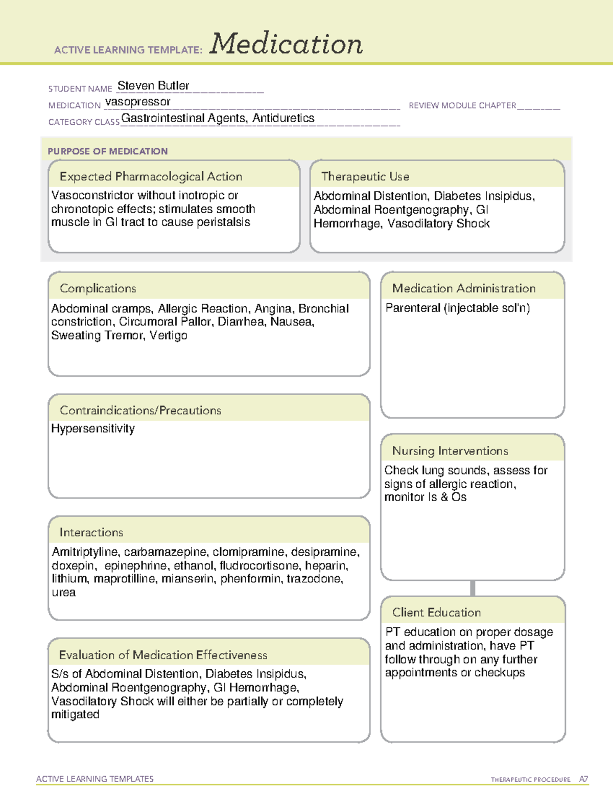 Vasopressor Medication explanation and course work - ACTIVE LEARNING ...