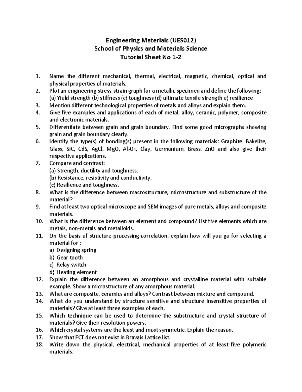 Tute sheet 1-2 - Engineering Materials (UES012) School of Physics and ...