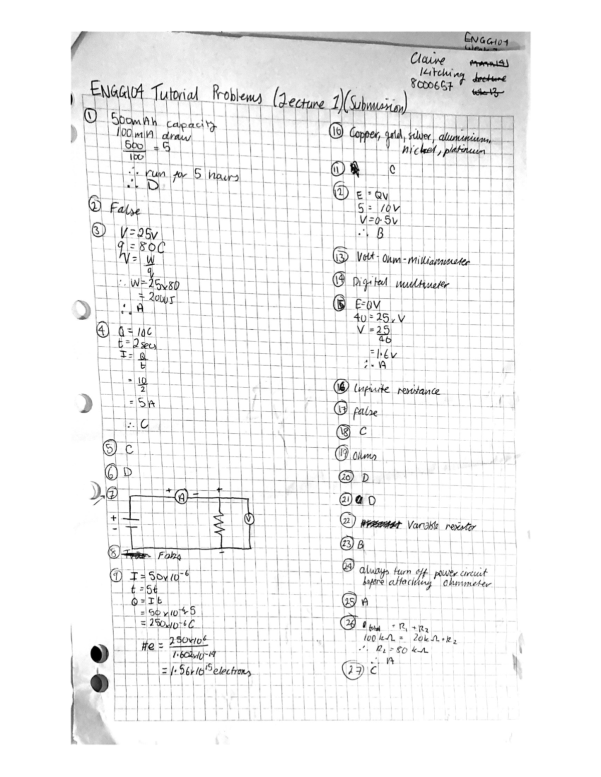 ENGG104 Tutorial 1 QUestions - ENGGH01 Weak Claire MATH141 kitching Lecture ENGG104 Tutorial ...