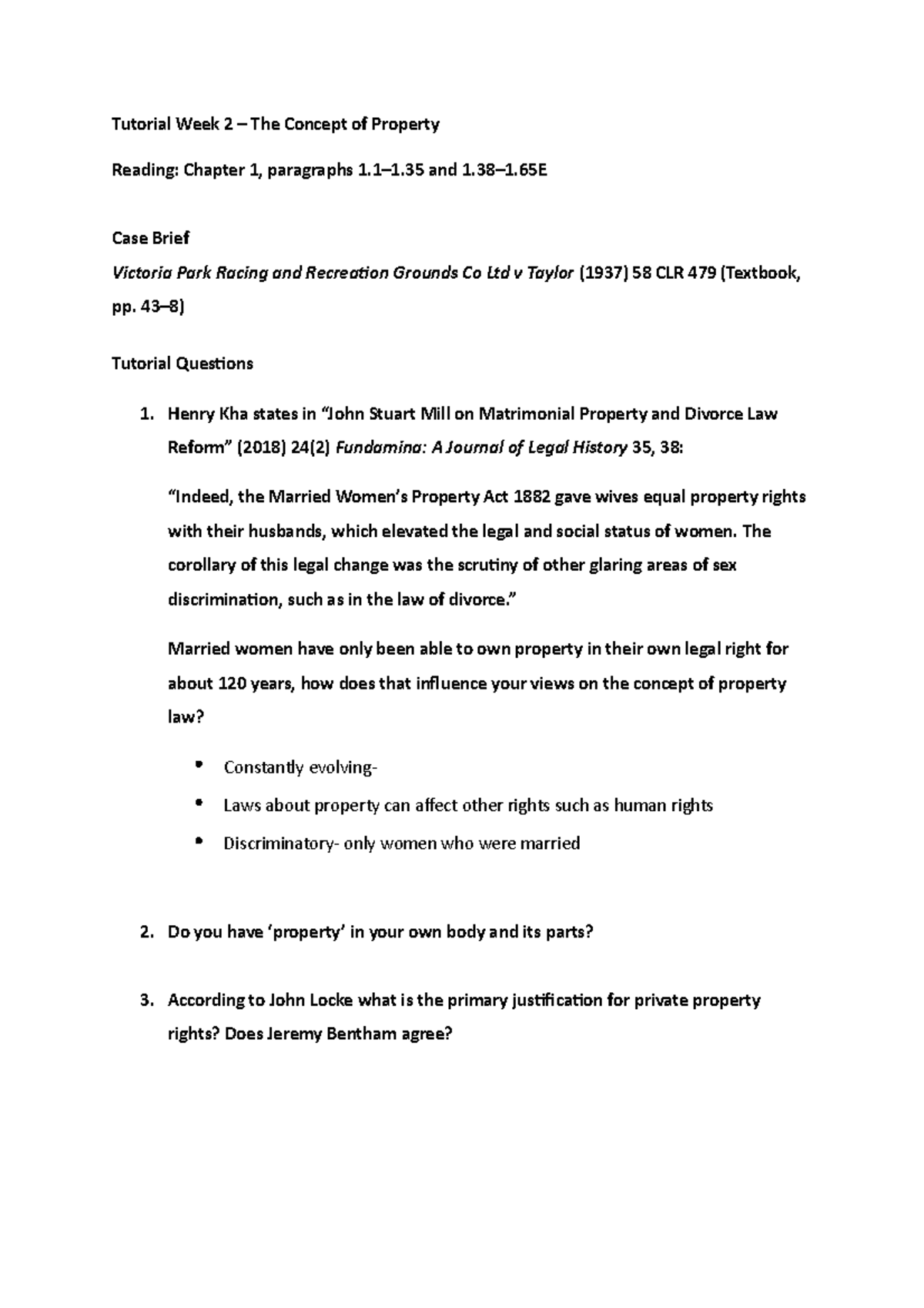Tutorial Week 2 - w2 questions - Tutorial Week 2 – The Concept of ...