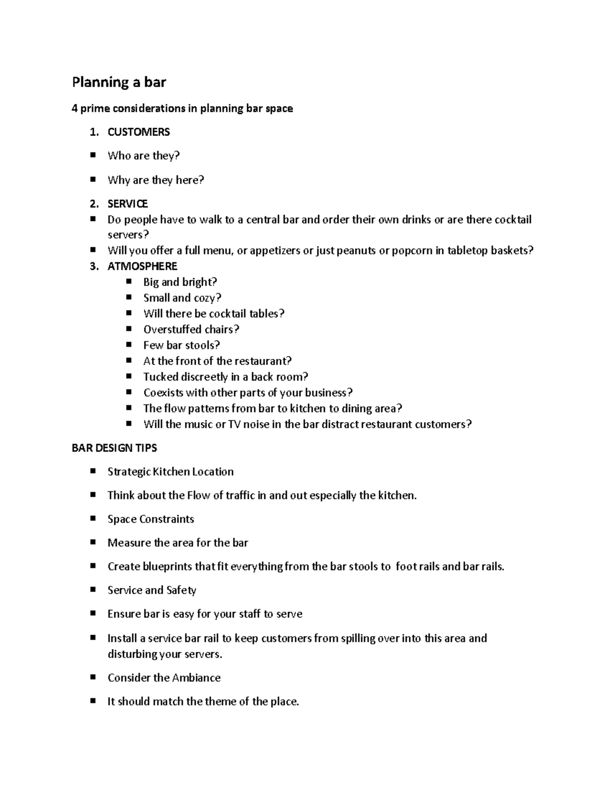 Planning a bar - Hotel and Restaurant Administration - Studocu
