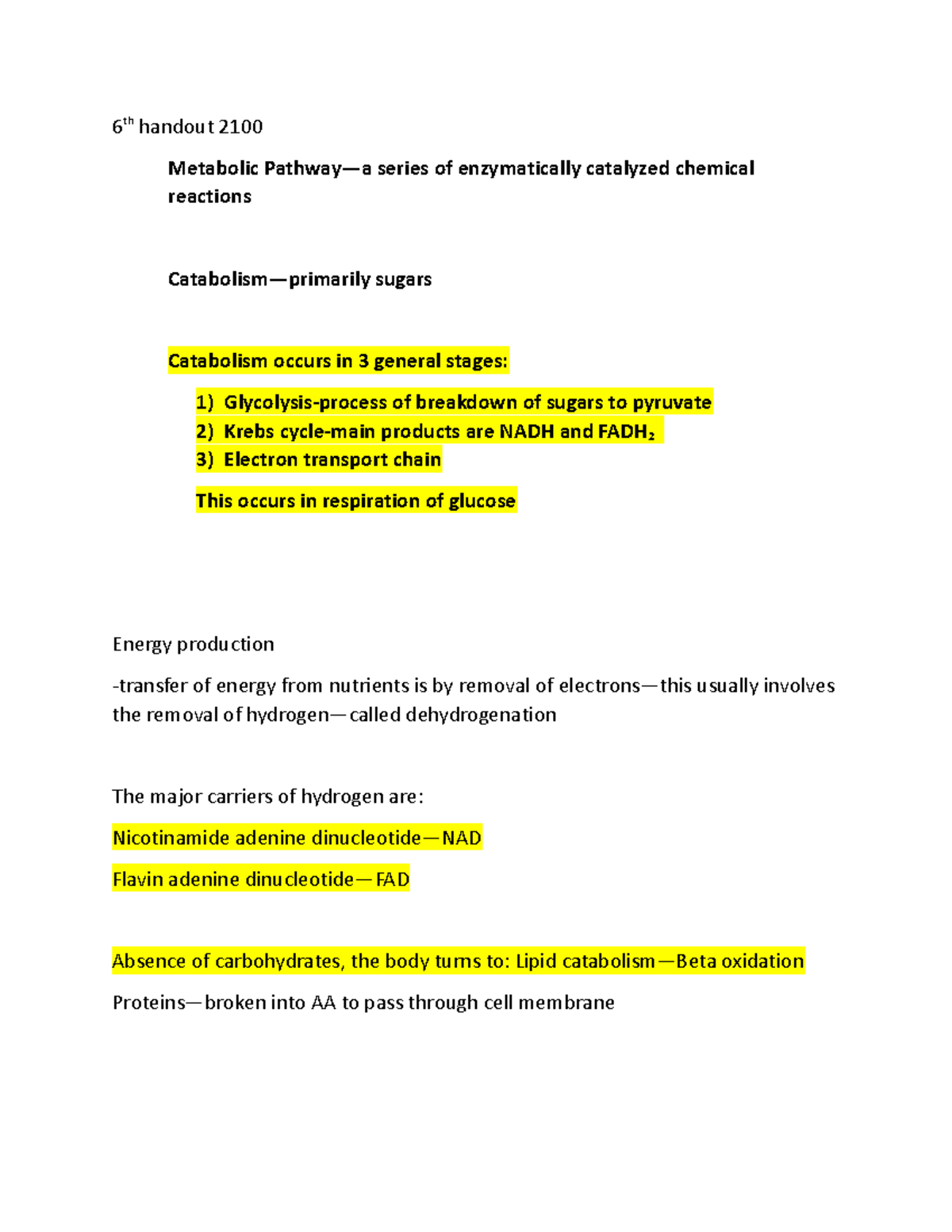 6th handout 2100 - notes - 6 th handout 2100 Metabolic Pathway—a series ...