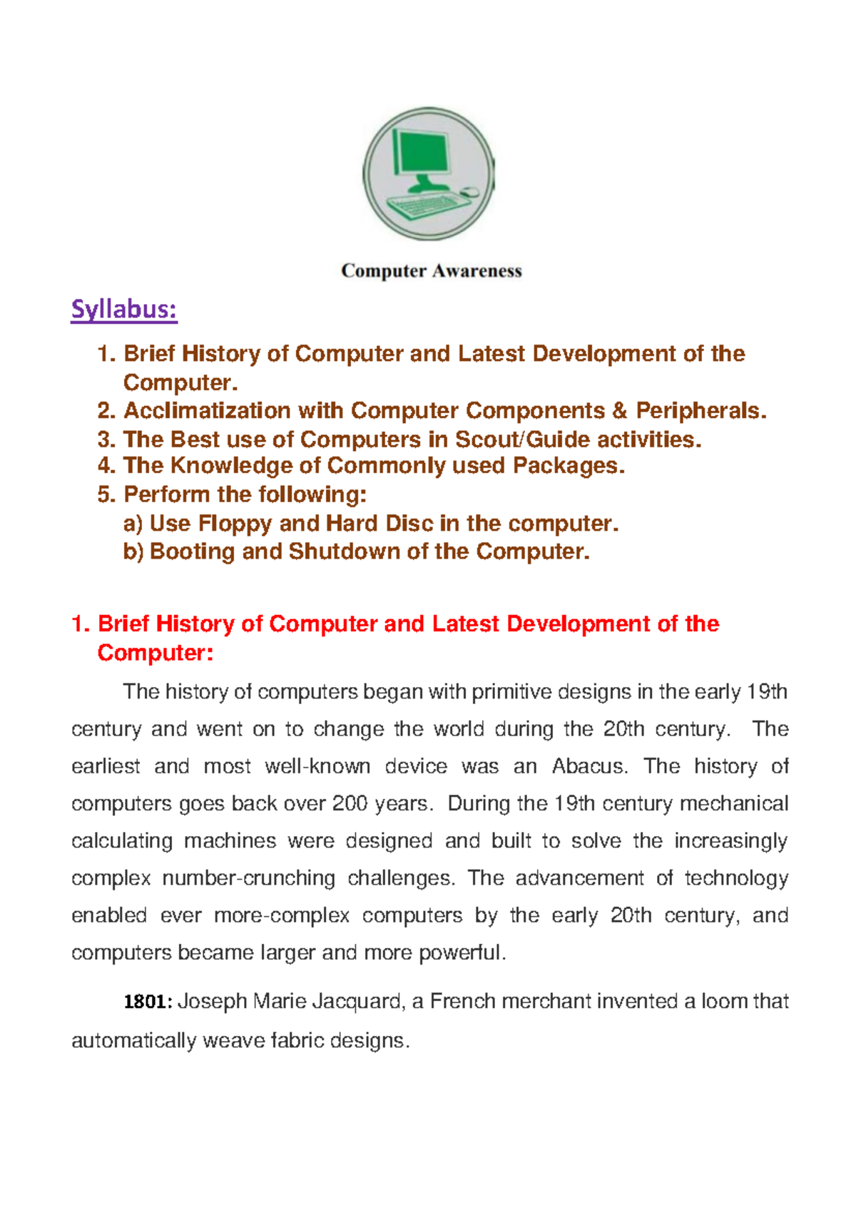 Conlib Computer Awareness-Badge 20240718214454 - Syllabus: 1. Brief ...